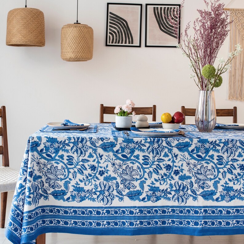 Blue Block Print Tablecloth, Floral Tablecloth, Rectangle Tablecloth ...