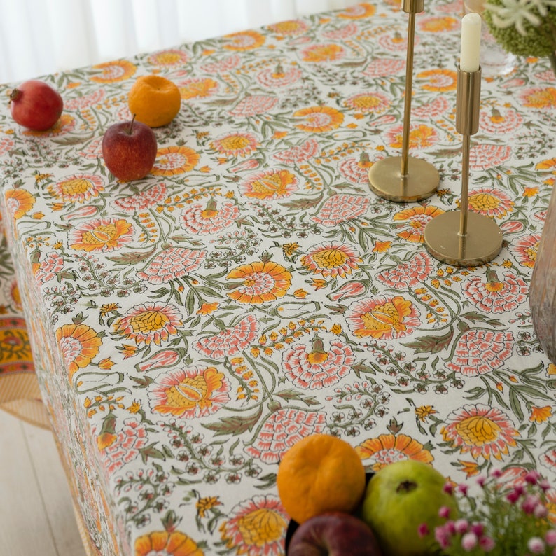 Burnt Orange, Tangerine With Green Floral Tablecloth, Indian Hand Block ...