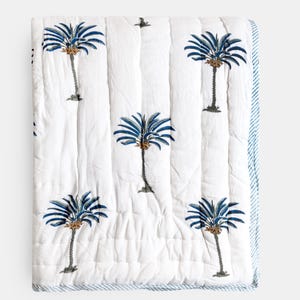 Hand Block Cotton Quilt: Coastal Palm Print, Reversible Bedding - Etsy