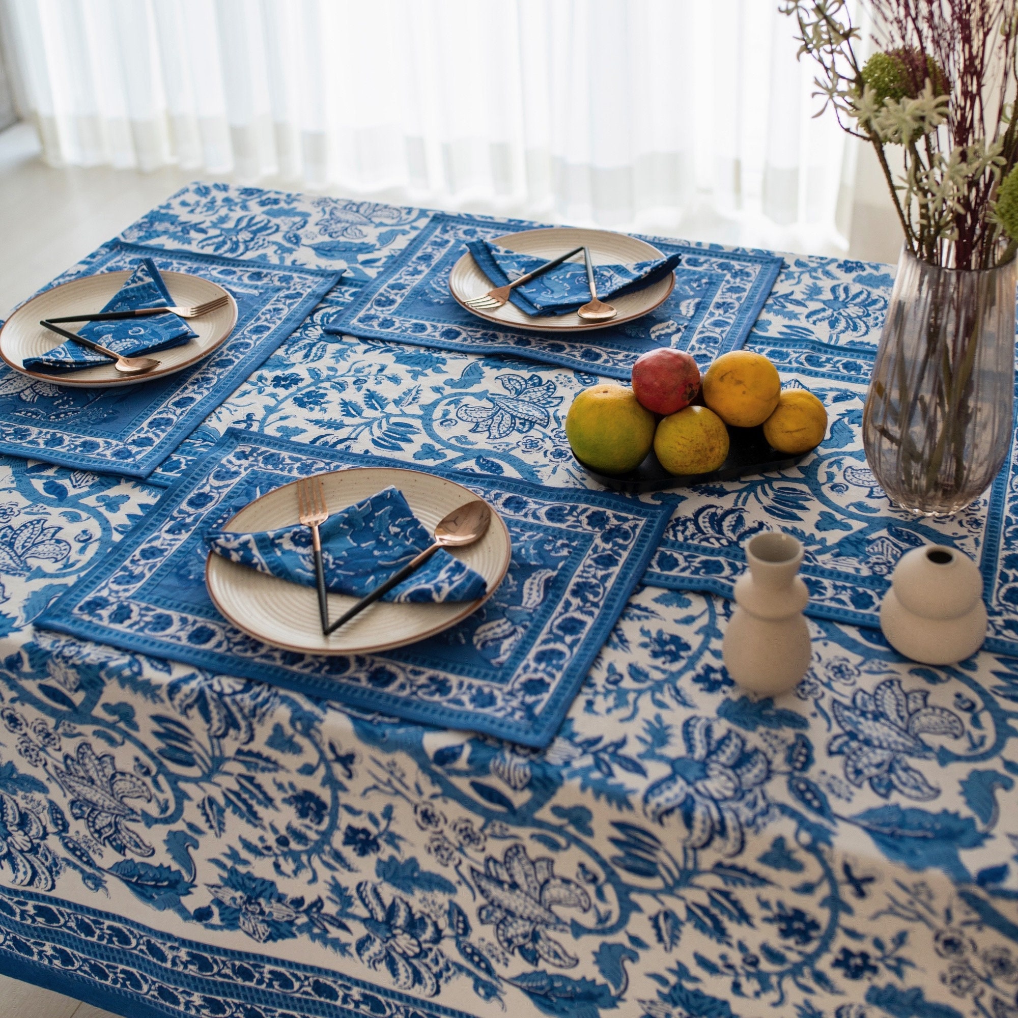 Blue Block Print Tablecloth, Floral Tablecloth, Rectangle Tablecloth ...