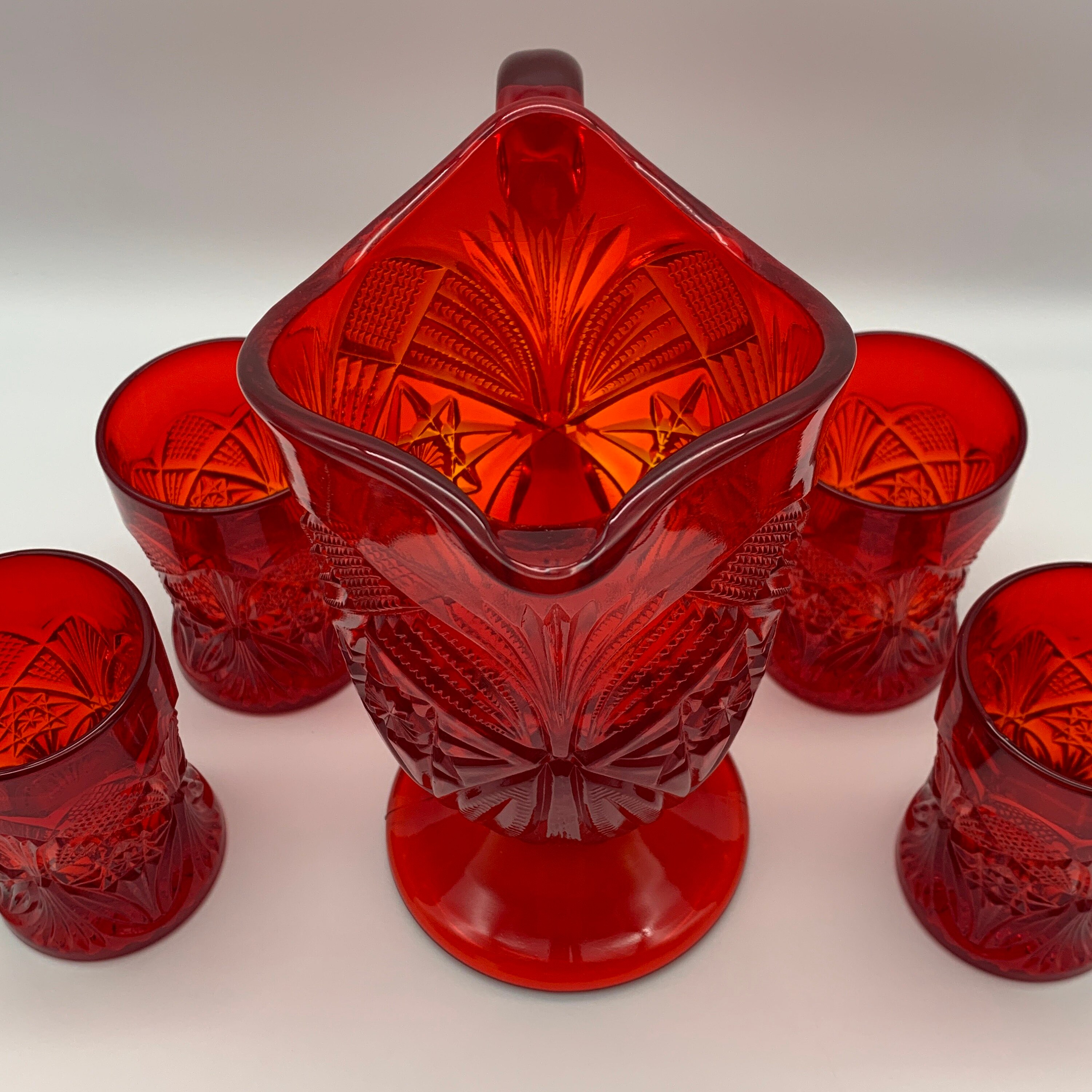 Mosser Vibrant Ruby Red Pitcher W/4 Tumblers, Glows Cadmium, Stunning ...