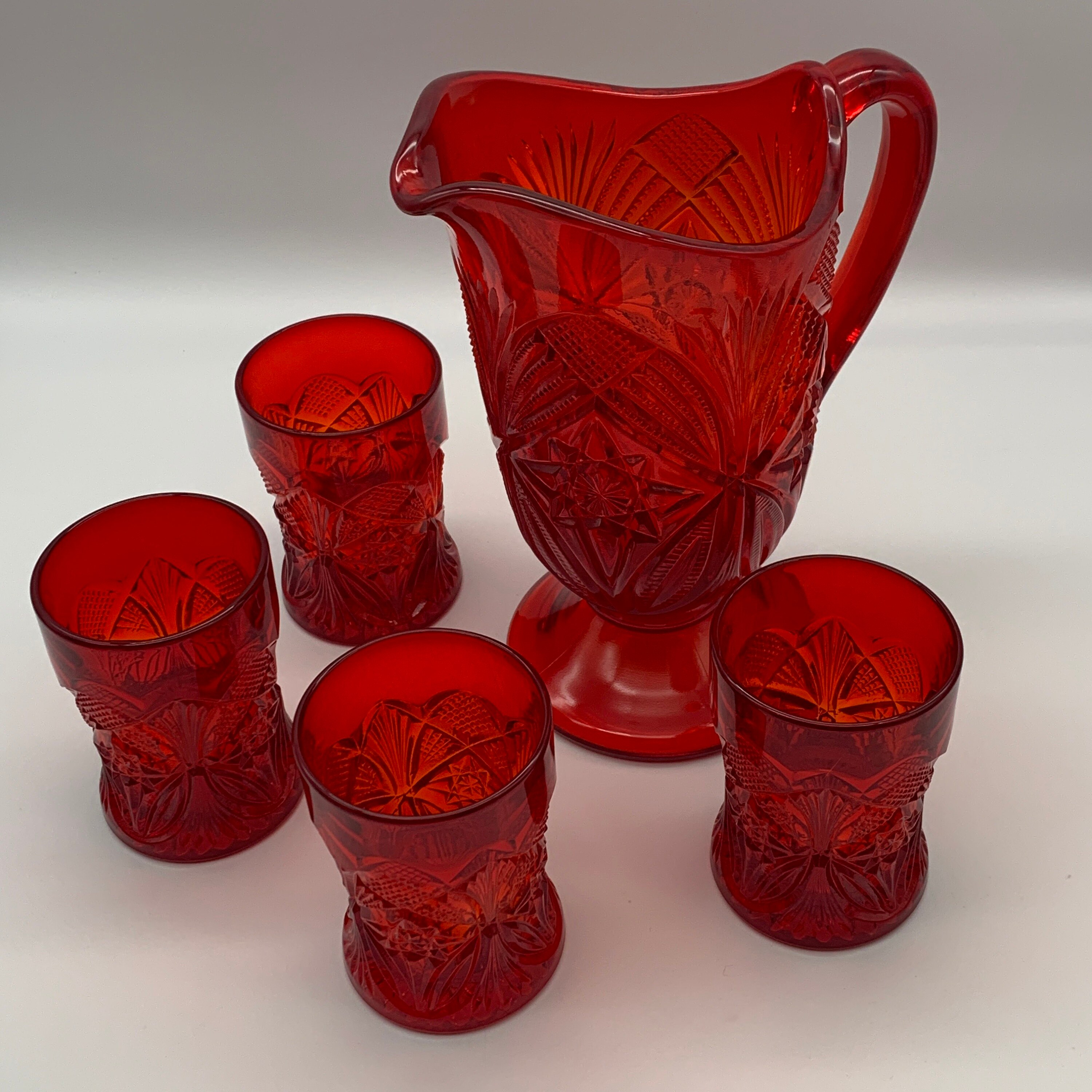 Mosser Vibrant Ruby Red Pitcher W/4 Tumblers, Glows Cadmium, Stunning ...