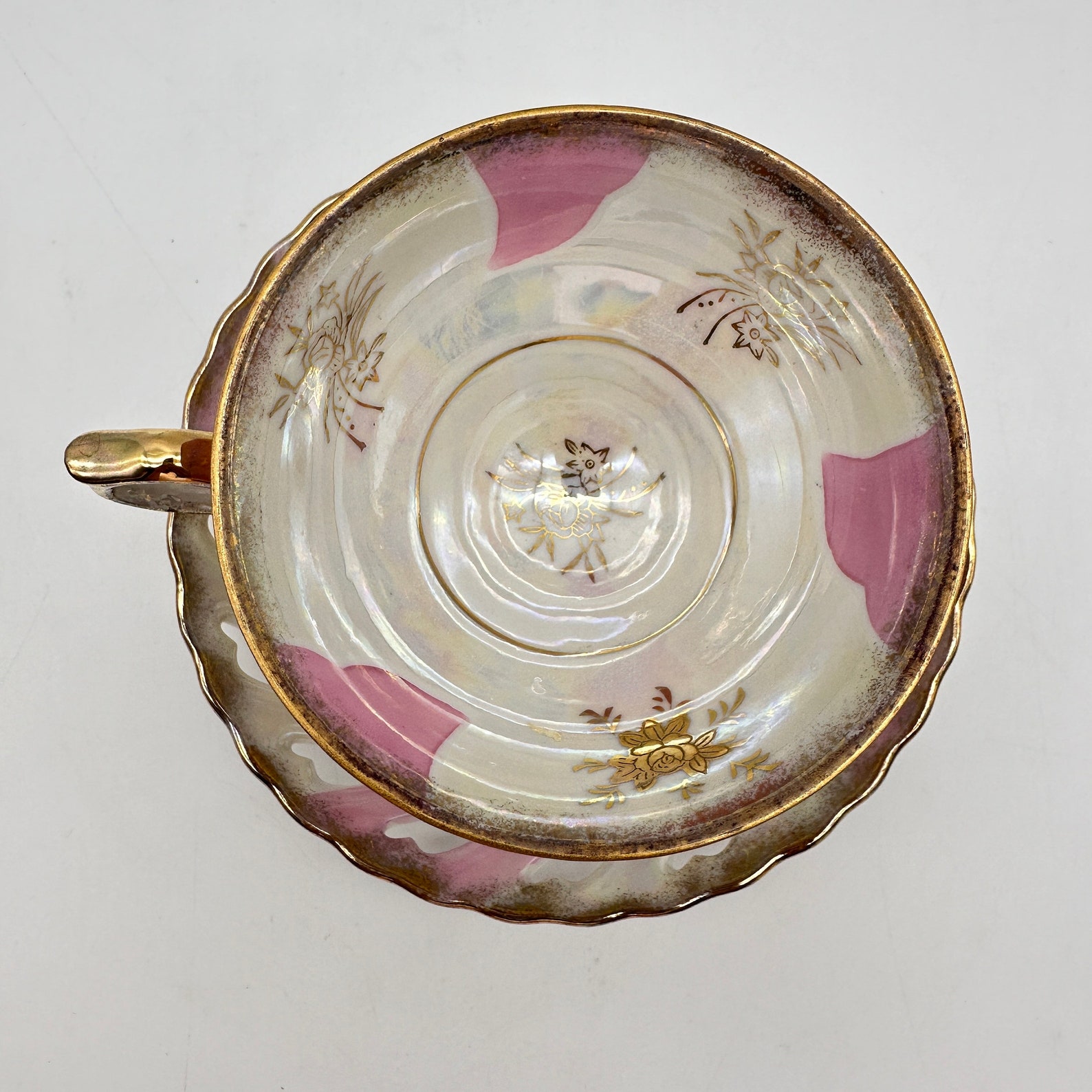 Pink, White & Gold Lusterware/iridescent Cup and Reticulated Saucer ...