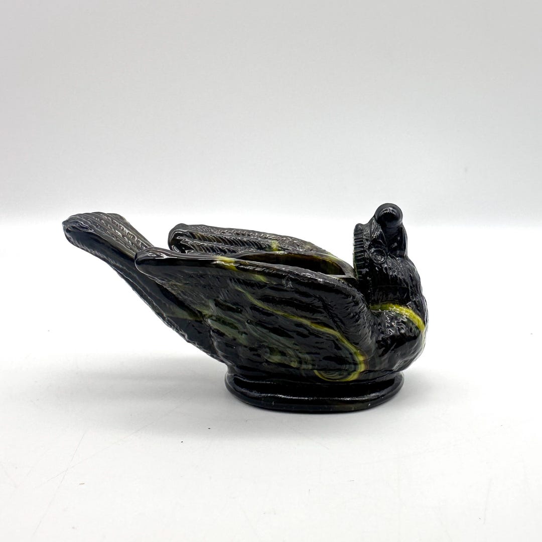 Degenhart Art Glass Salt Cellar, Bird and Berry, Black and Green Slag ...