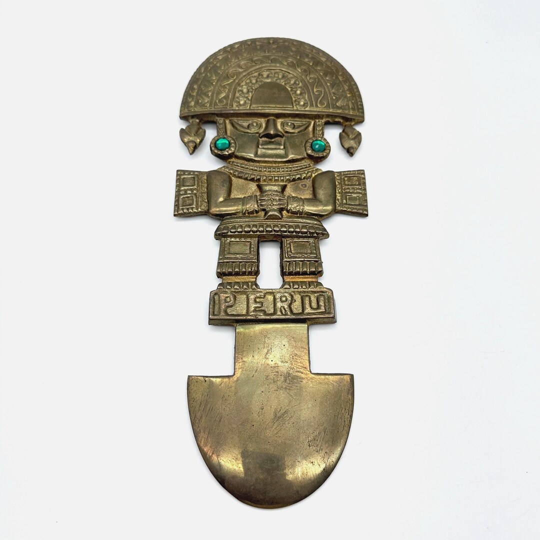 Peruvian Brass Tumi Figurine, Ancient Ceremonial Blade With Green ...