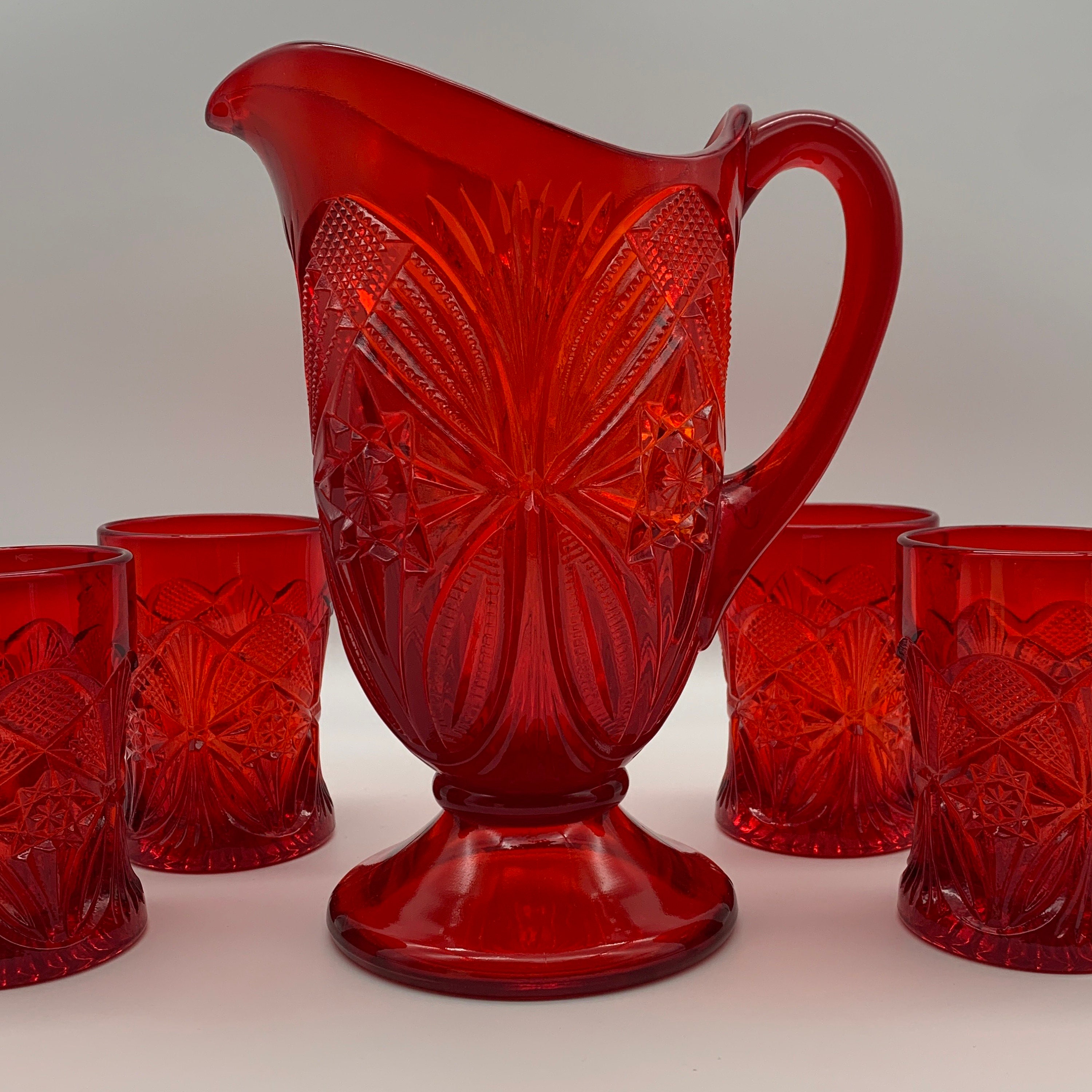 Mosser Vibrant Ruby Red Pitcher W/4 Tumblers, Glows Cadmium, Stunning ...