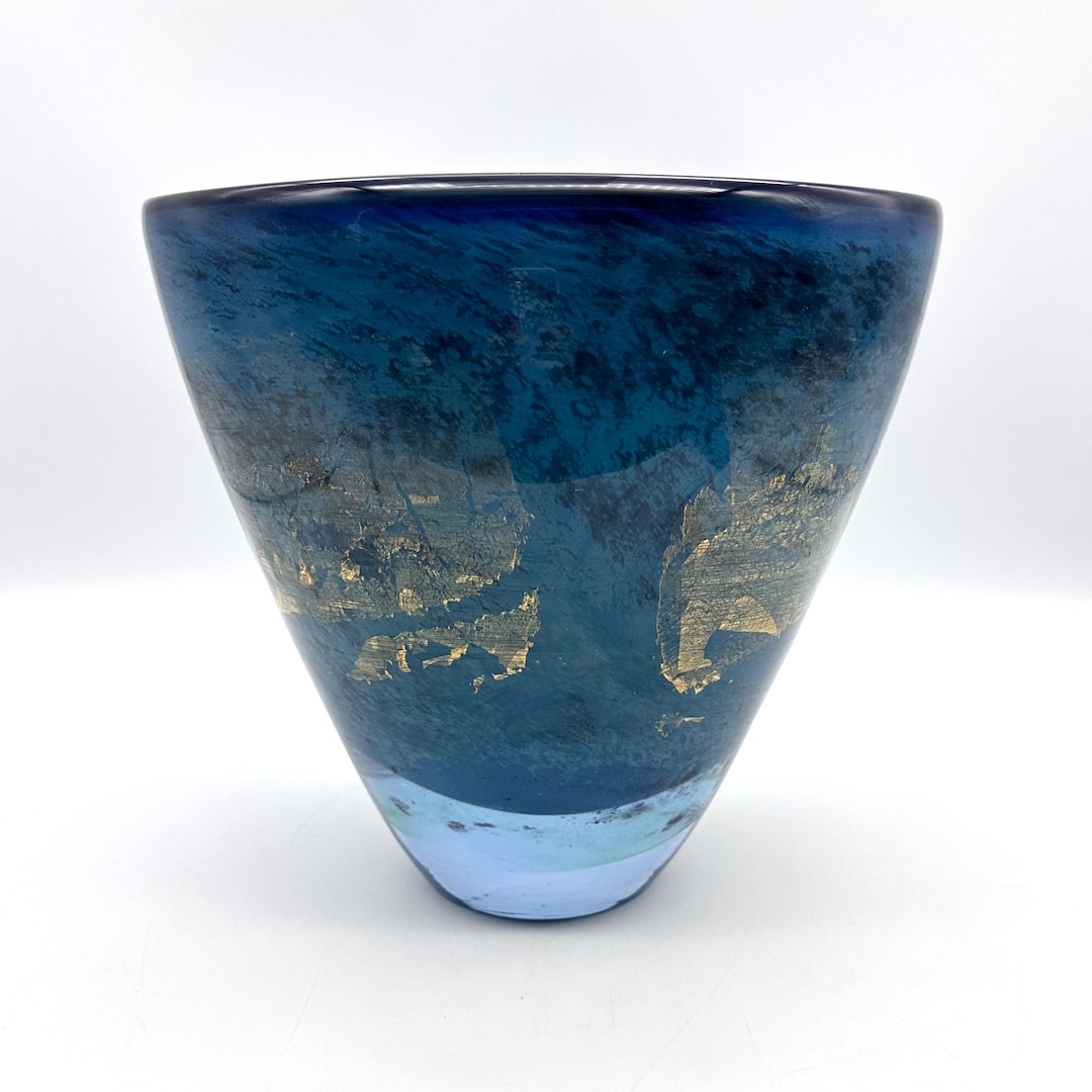 Tim Lazer Art Glass Vase: Blue and Gold Studio Signed, 1989 - Etsy