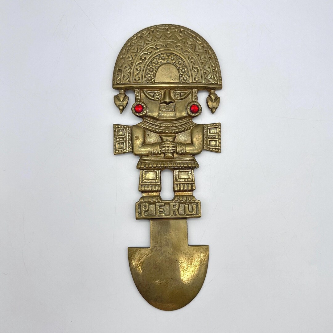 Peruvian Brass Tumi Figurine, Ancient Ceremonial Blade With Red Accents ...