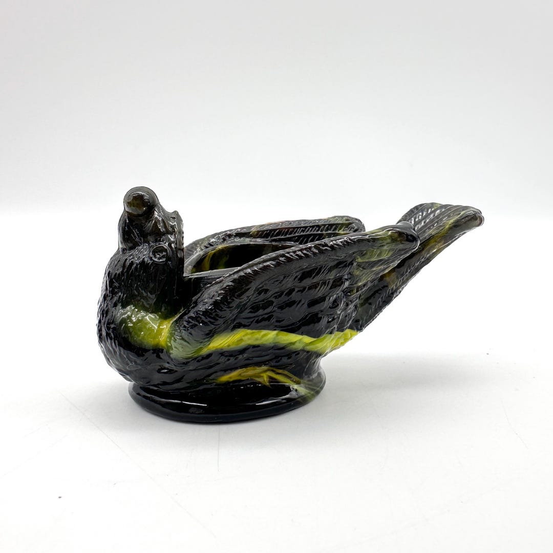 Degenhart Art Glass Salt Cellar, Bird and Berry, Black and Green Slag ...