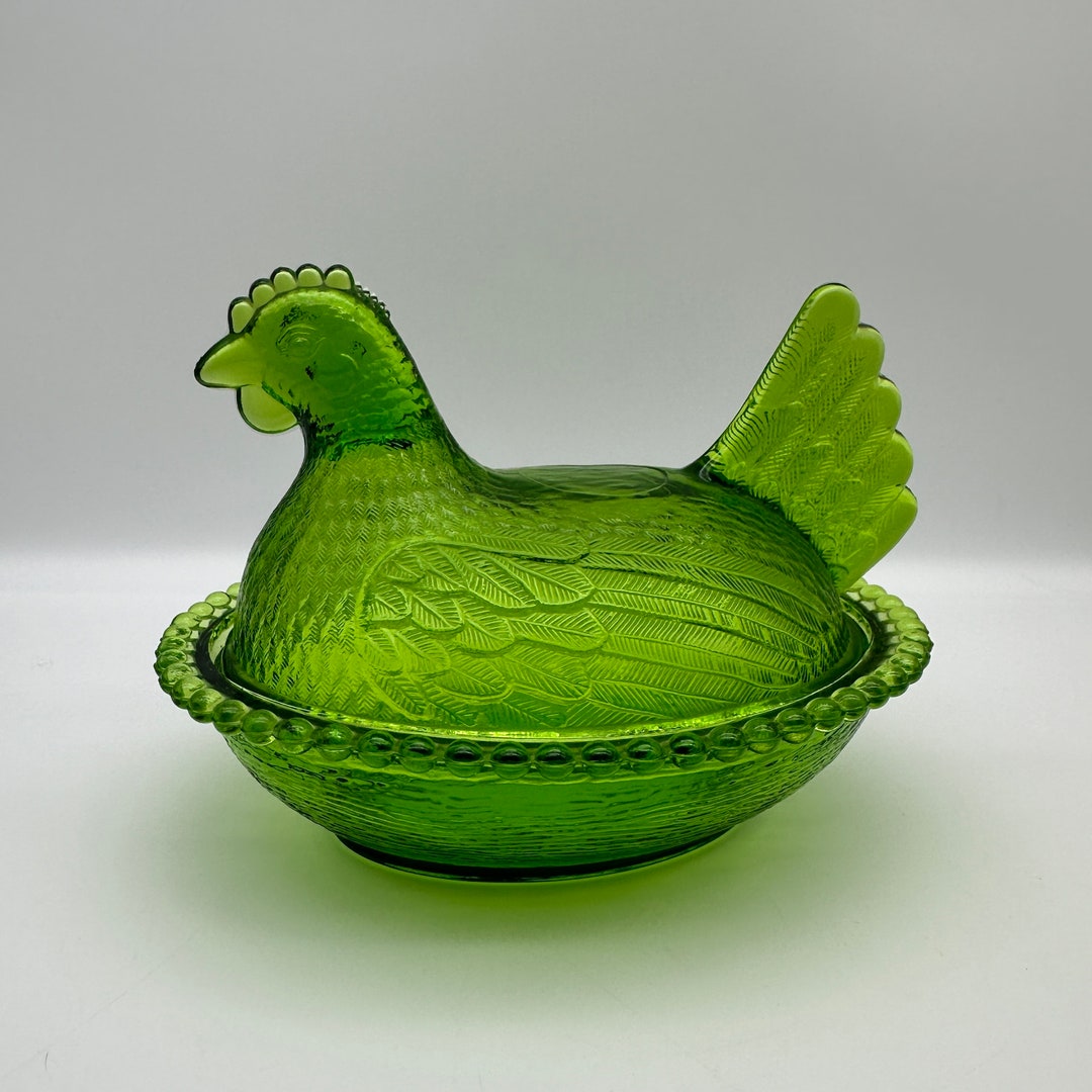 Indiana Glass Hen on a Nest Covered Dish Bright Green - Etsy