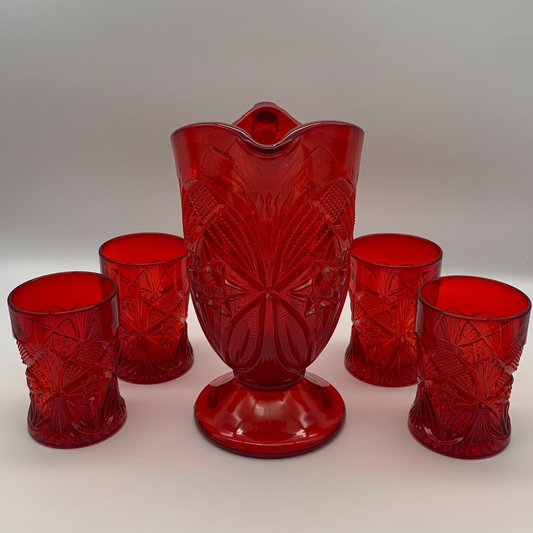 Mosser Vibrant Ruby Red Pitcher W/4 Tumblers, Glows Cadmium, Stunning ...