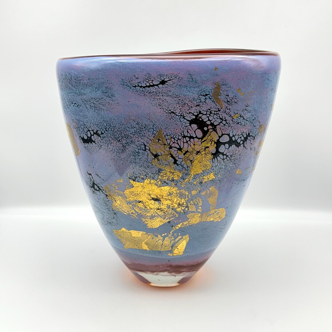 XL Tim Lazer Studio Art Glass Vase, Periwinkle Blue, Gold and Burnt ...