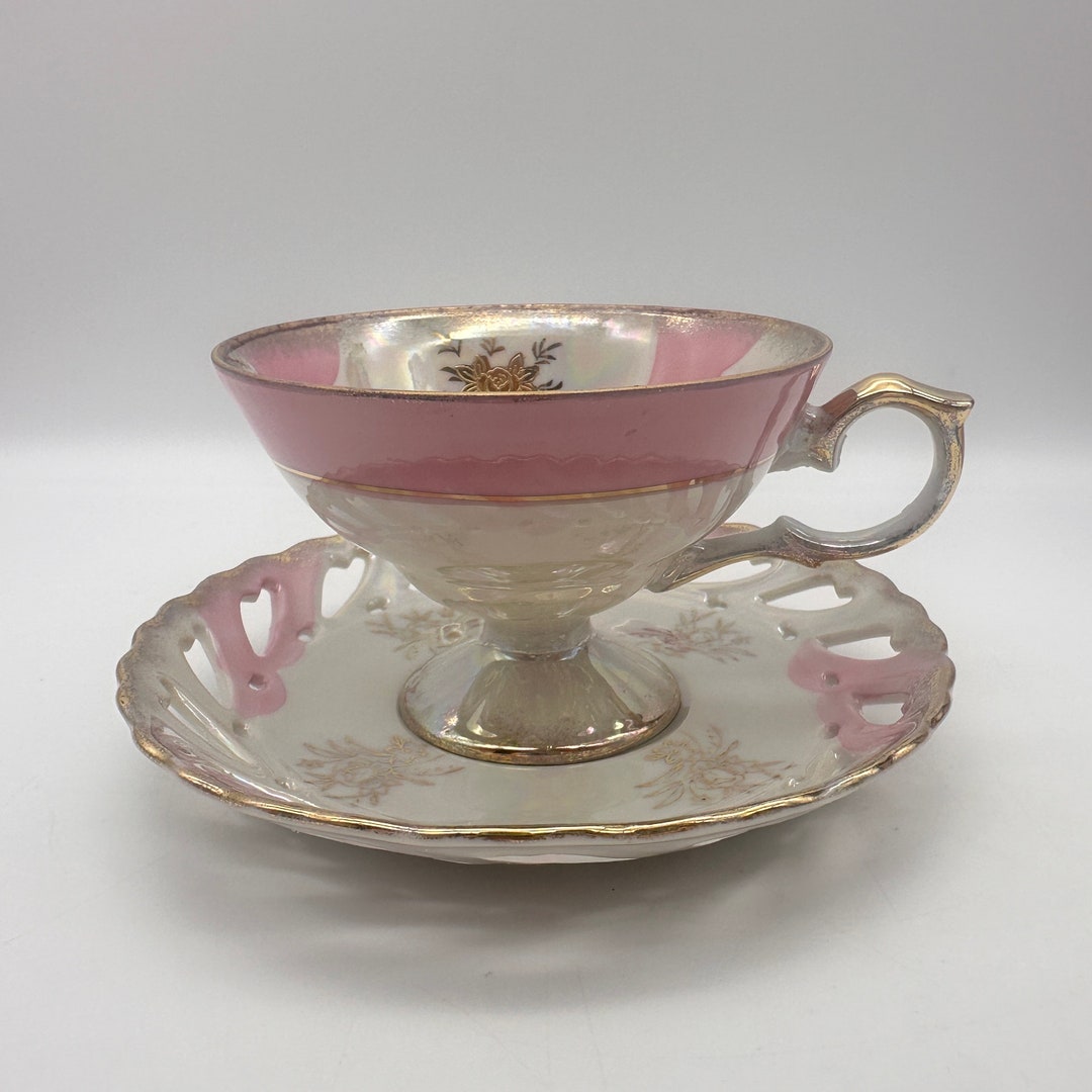 Pink, White & Gold Lusterware/iridescent Cup and Reticulated Saucer ...