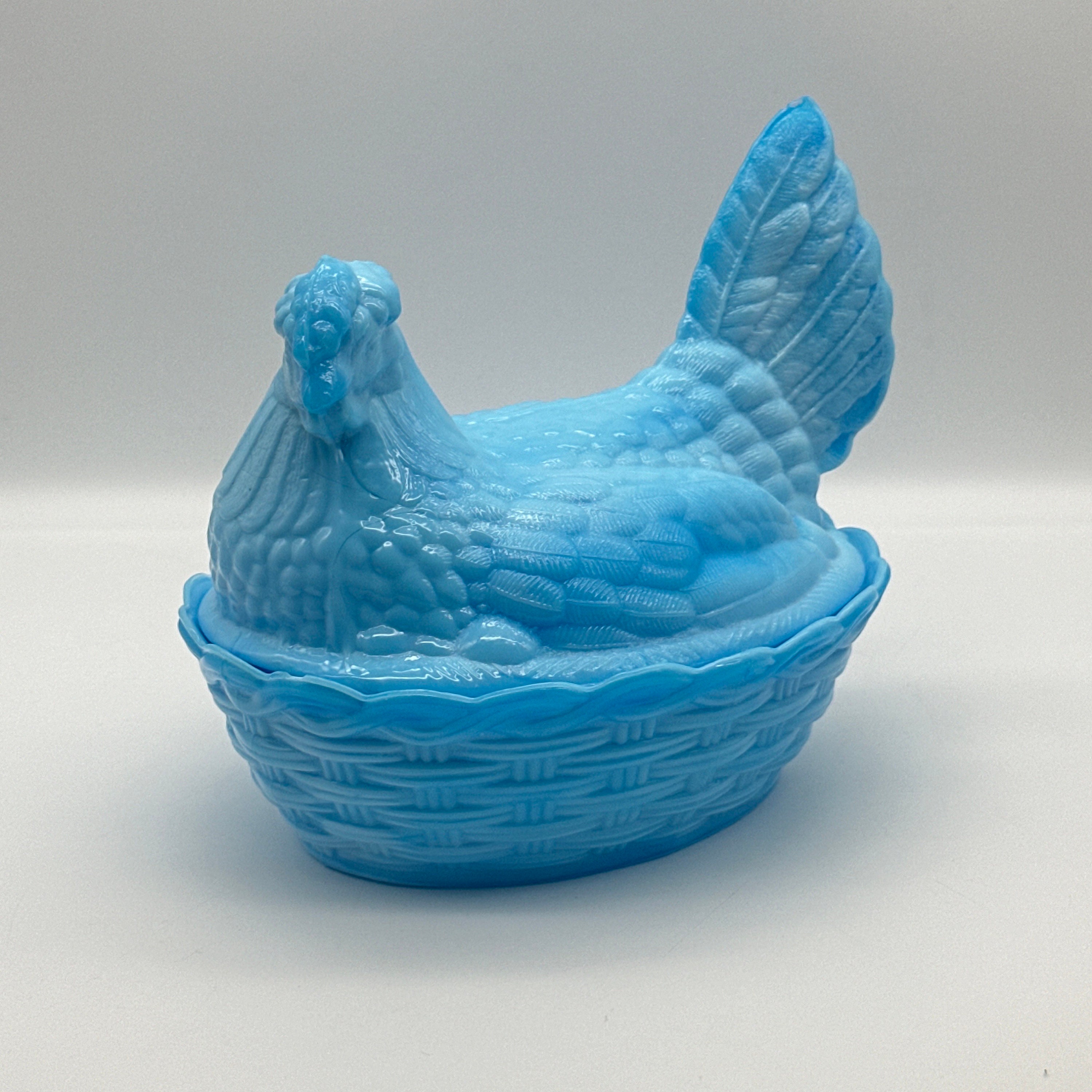 Large Blue Slag Glass Hen on a Nest, Covered Dish, Woven Basket 1 of 3 ...