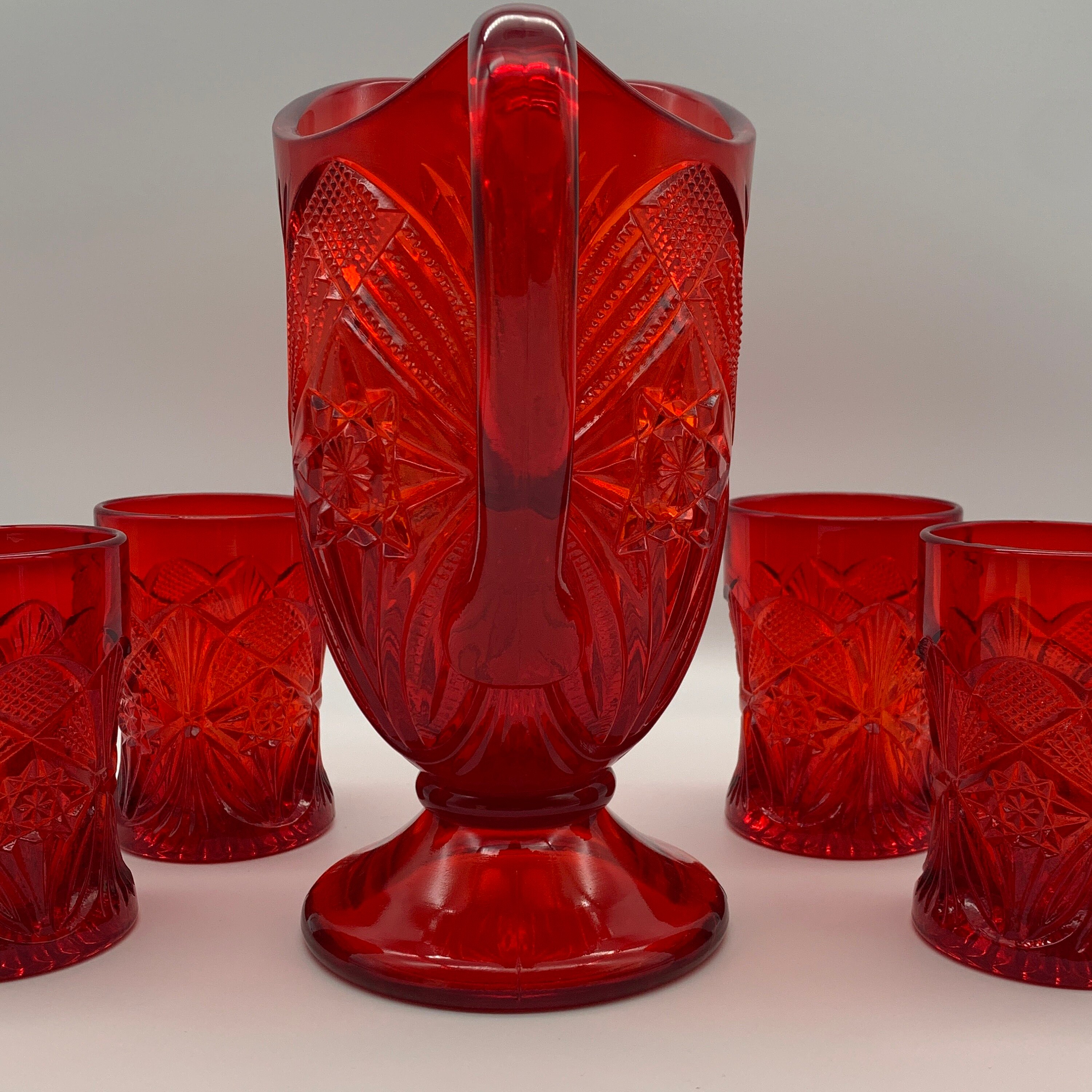 Mosser Vibrant Ruby Red Pitcher W/4 Tumblers, Glows Cadmium, Stunning ...