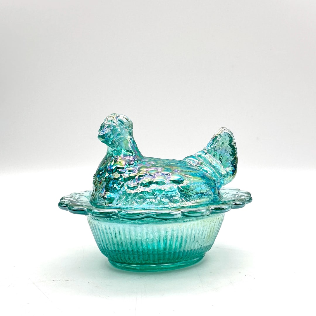 Mosser Glass Miniature Hen on Nest Covered Salt Cellar, Iridized Teal ...