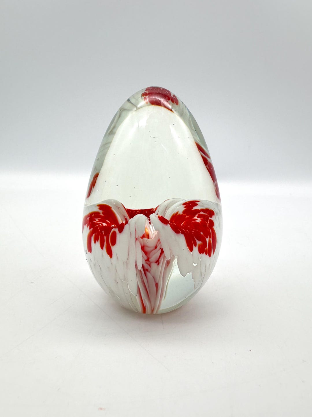 Glass Eye Studio Egg Paperweight, Red and White Flower, Signed GES GES ...