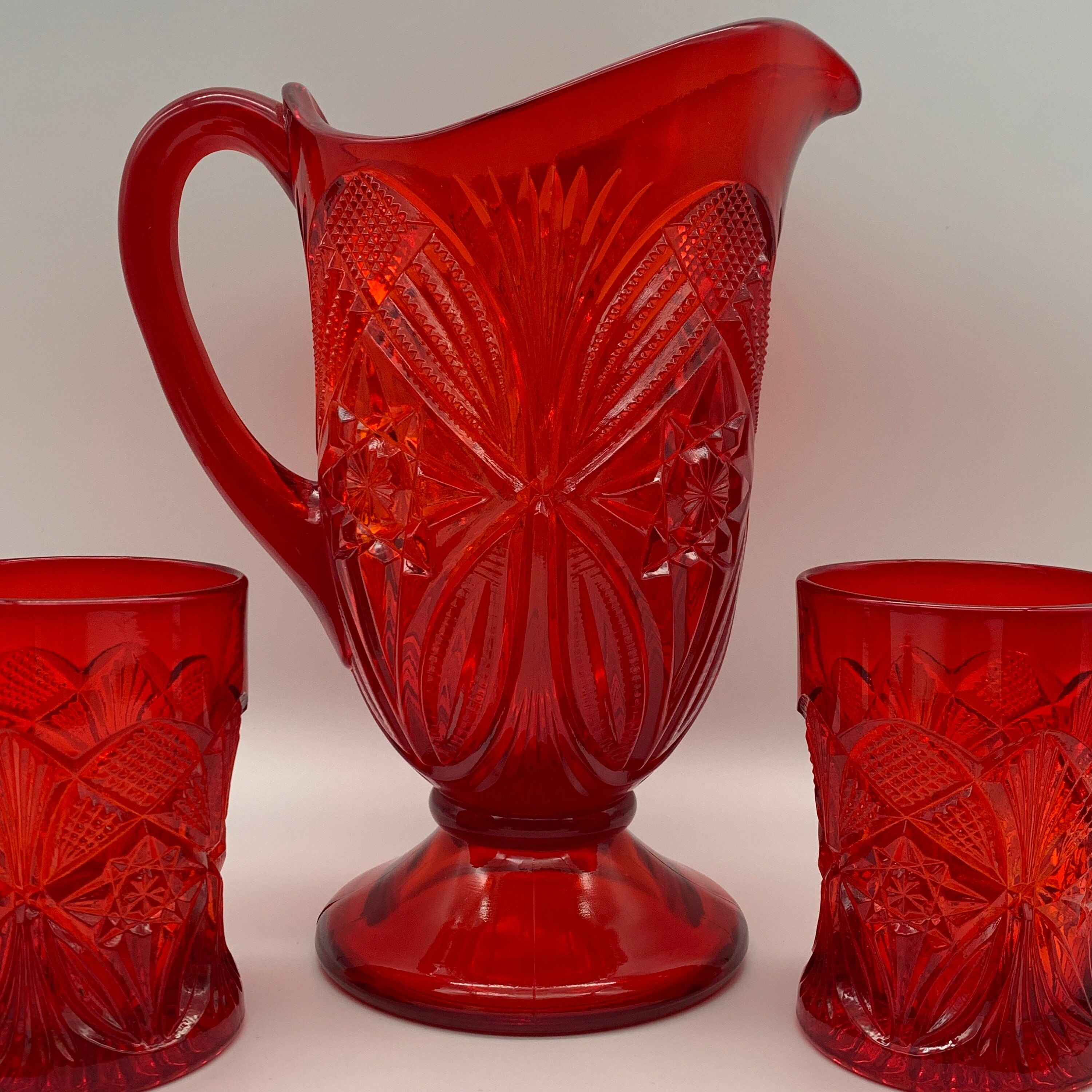 Mosser Vibrant Ruby Red Pitcher W/4 Tumblers, Glows Cadmium, Stunning ...