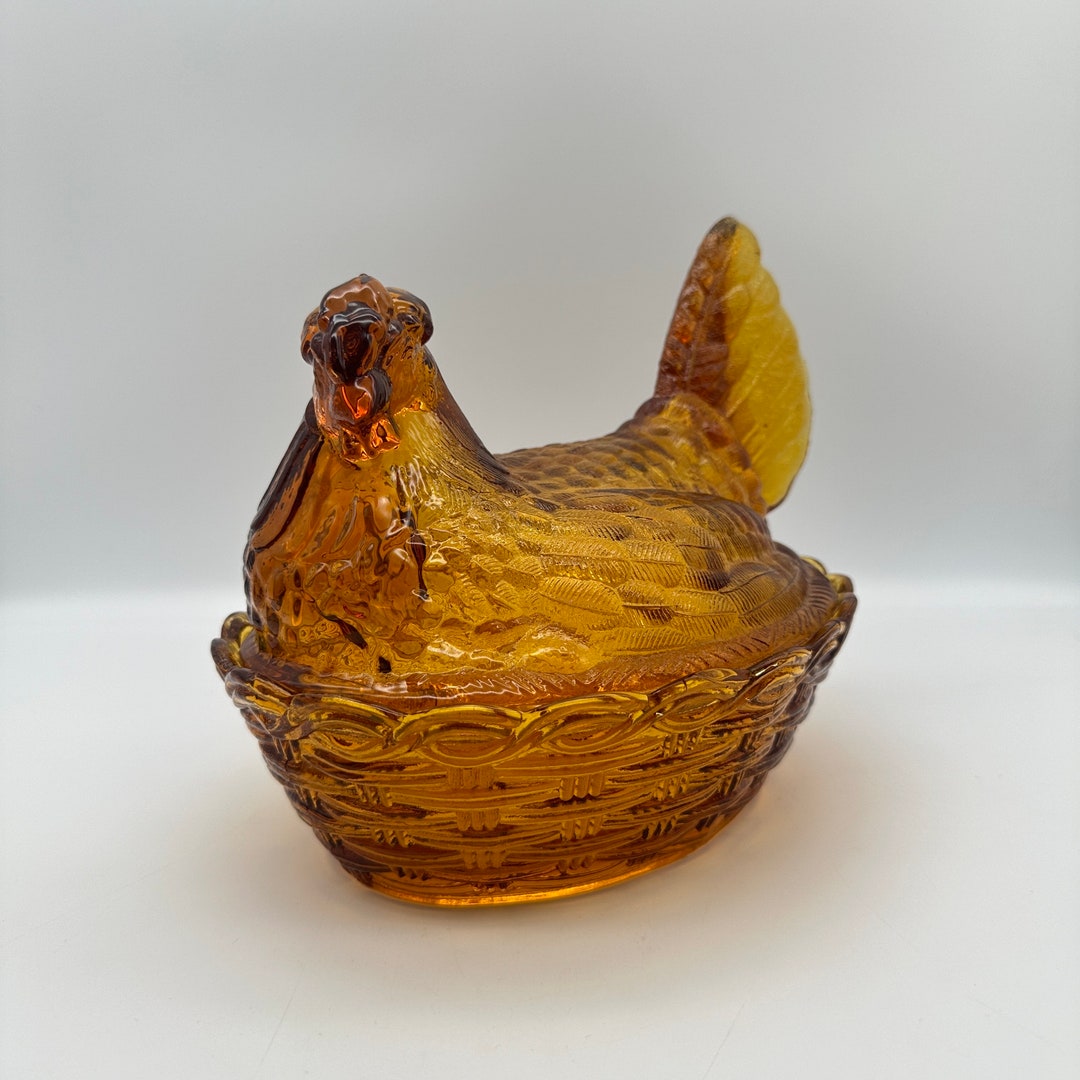 Large Amber Glass Iridescent Carnival Glass Hen on a Nest, Covered Dish ...
