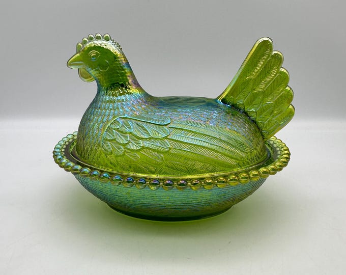 Indiana Glass Hen on a Nest, Covered Dish, Green Carnival Glass, Beaded ...