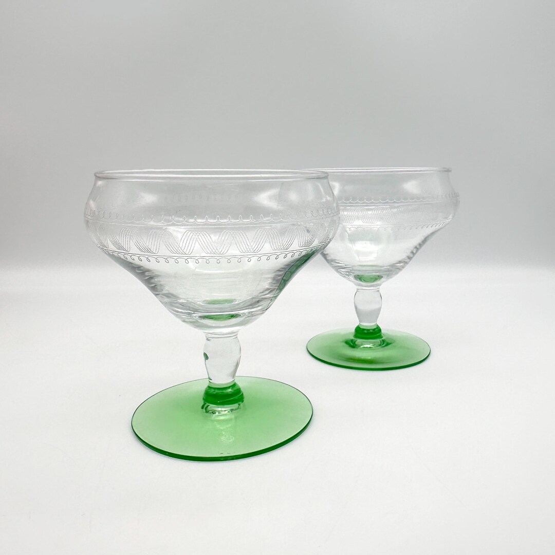 Tiffin Franciscan Needle Etched Uranium Glass Sherbet Glasses, Set of 2 ...
