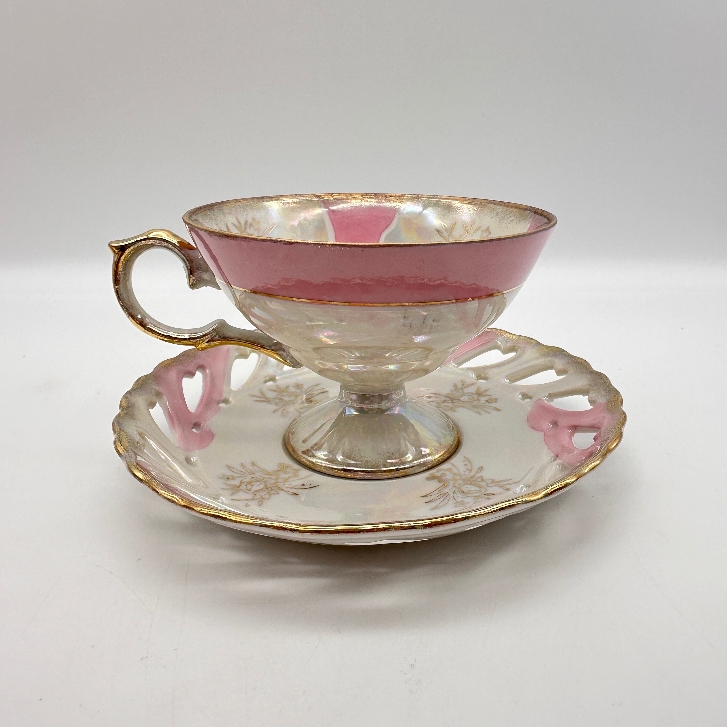 Pink, White & Gold Lusterware/iridescent Cup and Reticulated Saucer ...