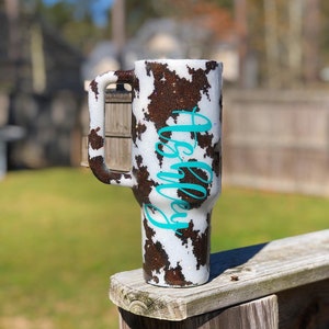 Stanley 40 Oz. Handled Cow Print Tumbler Cowhide Glitter Cup Cow Spot ...