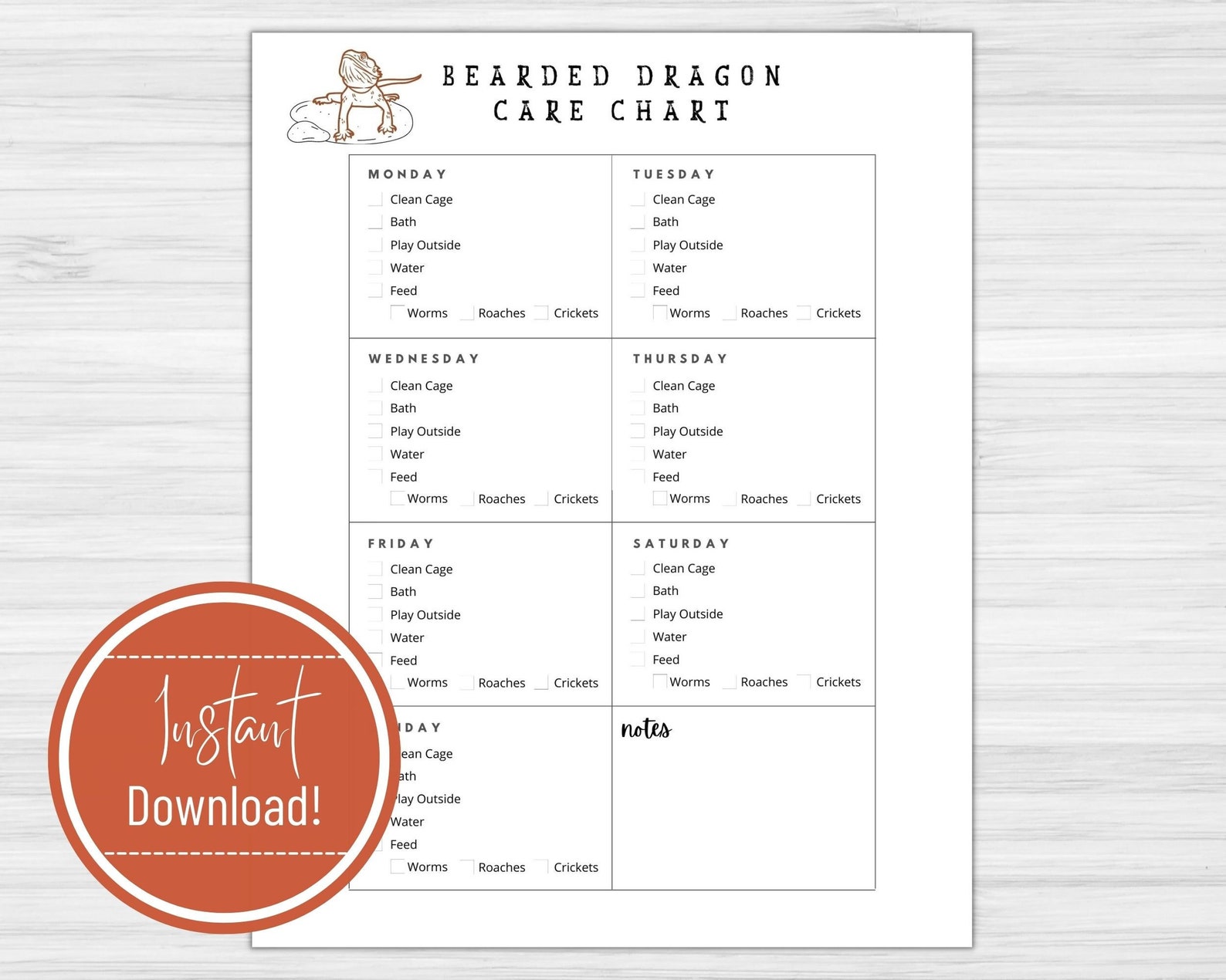 Bearded Dragon Care Chart Instant Printable Download, Pet Reptile ...