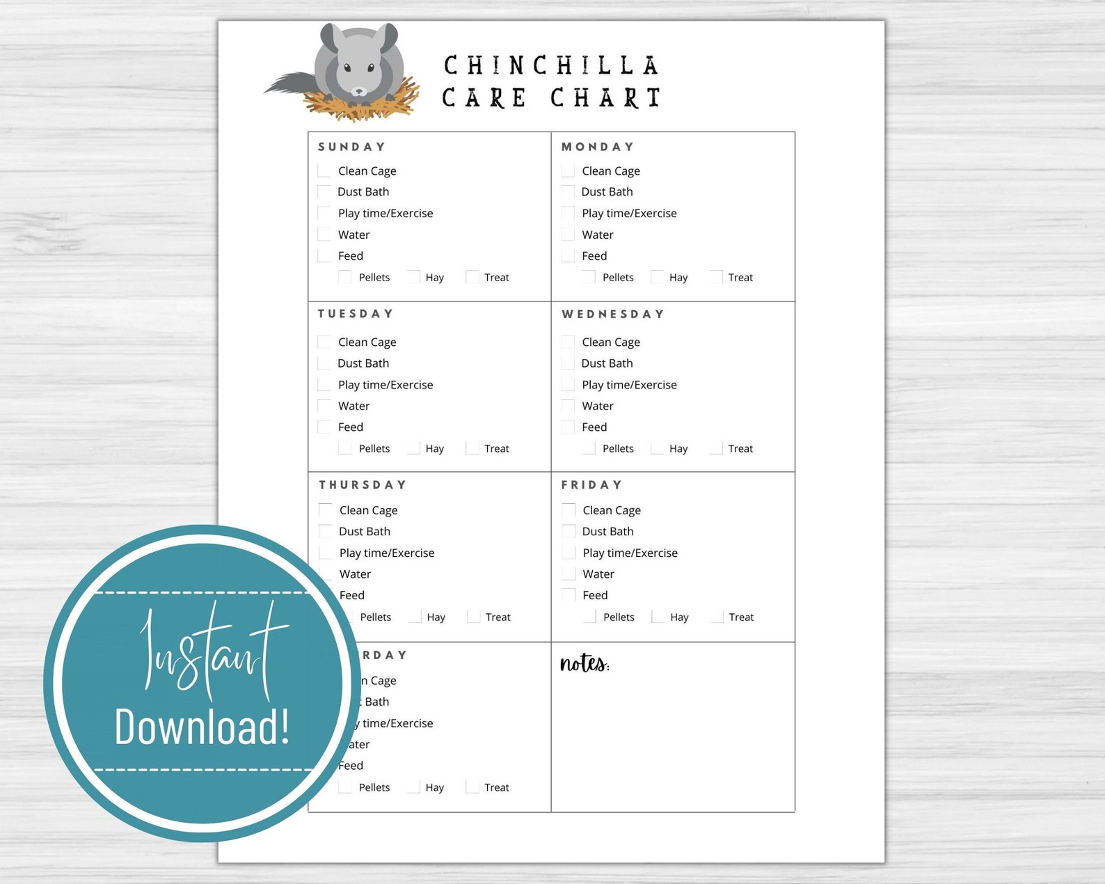 Chinchilla Care Chart Printable Download - Etsy