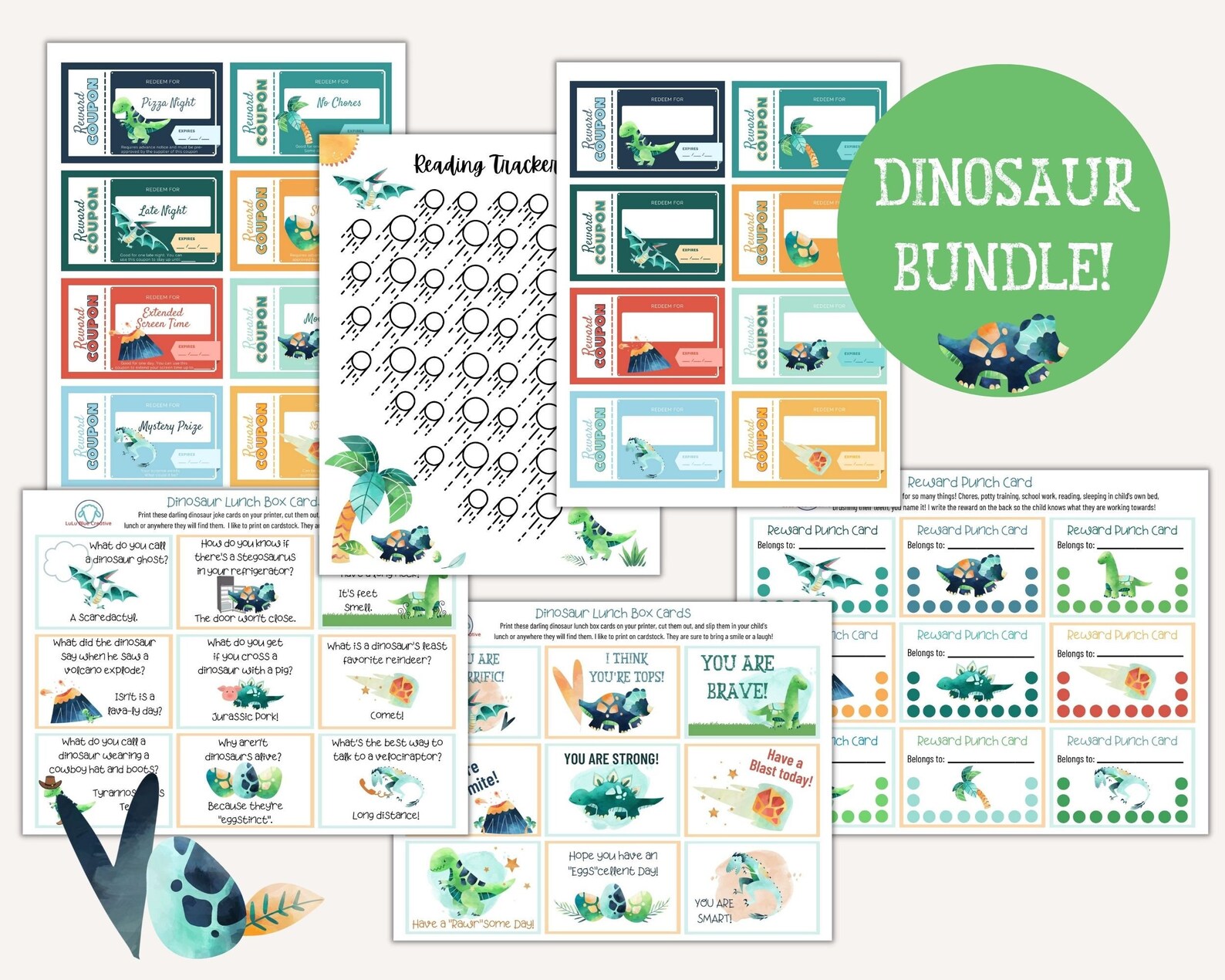 Printable Dinosaur Reward Coupons and Reading Tracker Bundle, Instant ...