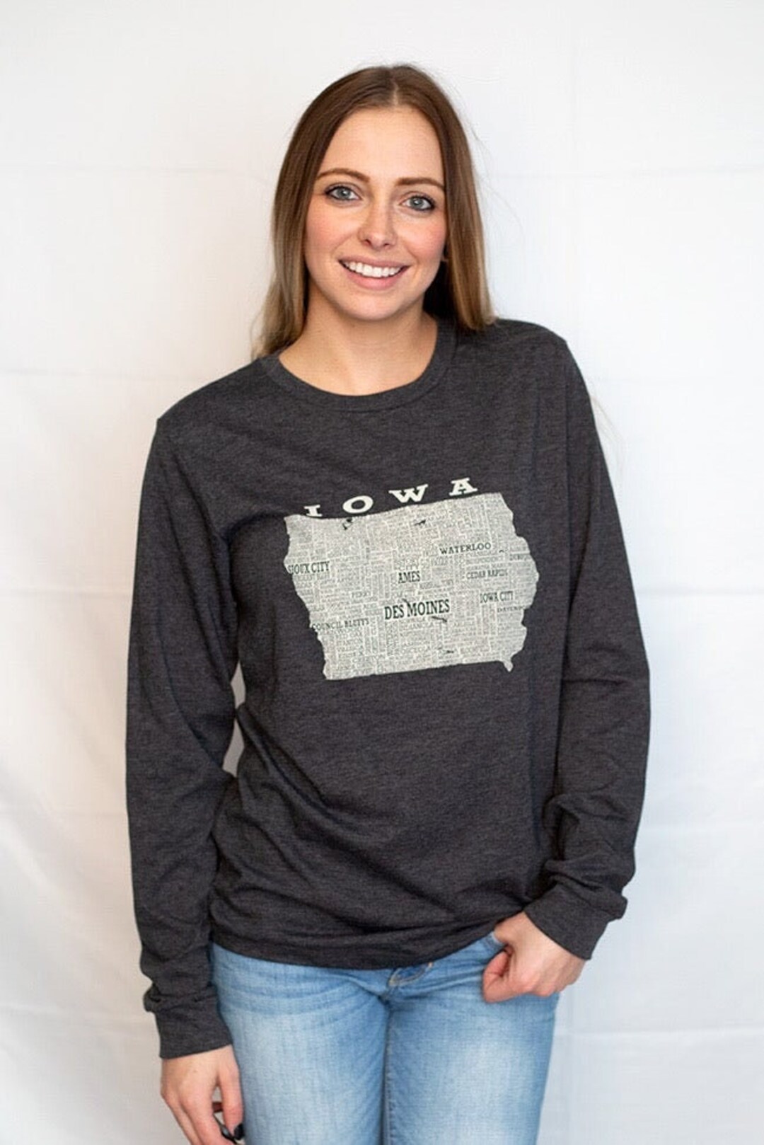 Hometown Iowa Long Sleeved Tee Shirt-dark Grey Heather- Iowa Shirt With ...
