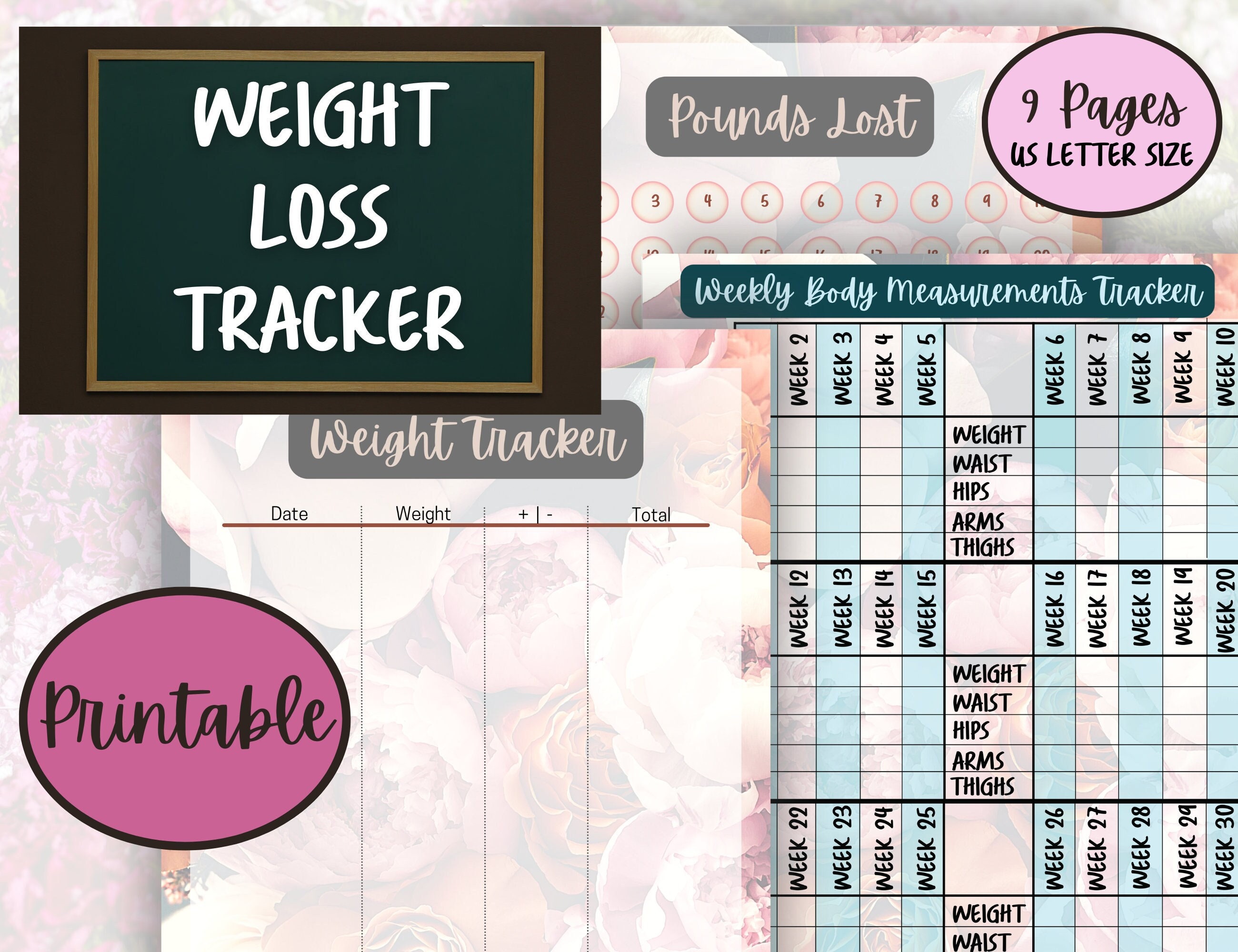 PRINTABLE Weight Loss Tracker to Track Pounds Lost, Weekly and Monthly ...