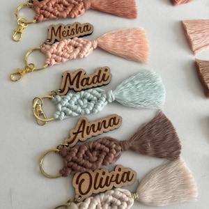 Wooden Laser Engraved Custom Bridesmaid Keychain, Handmade Macrame ...