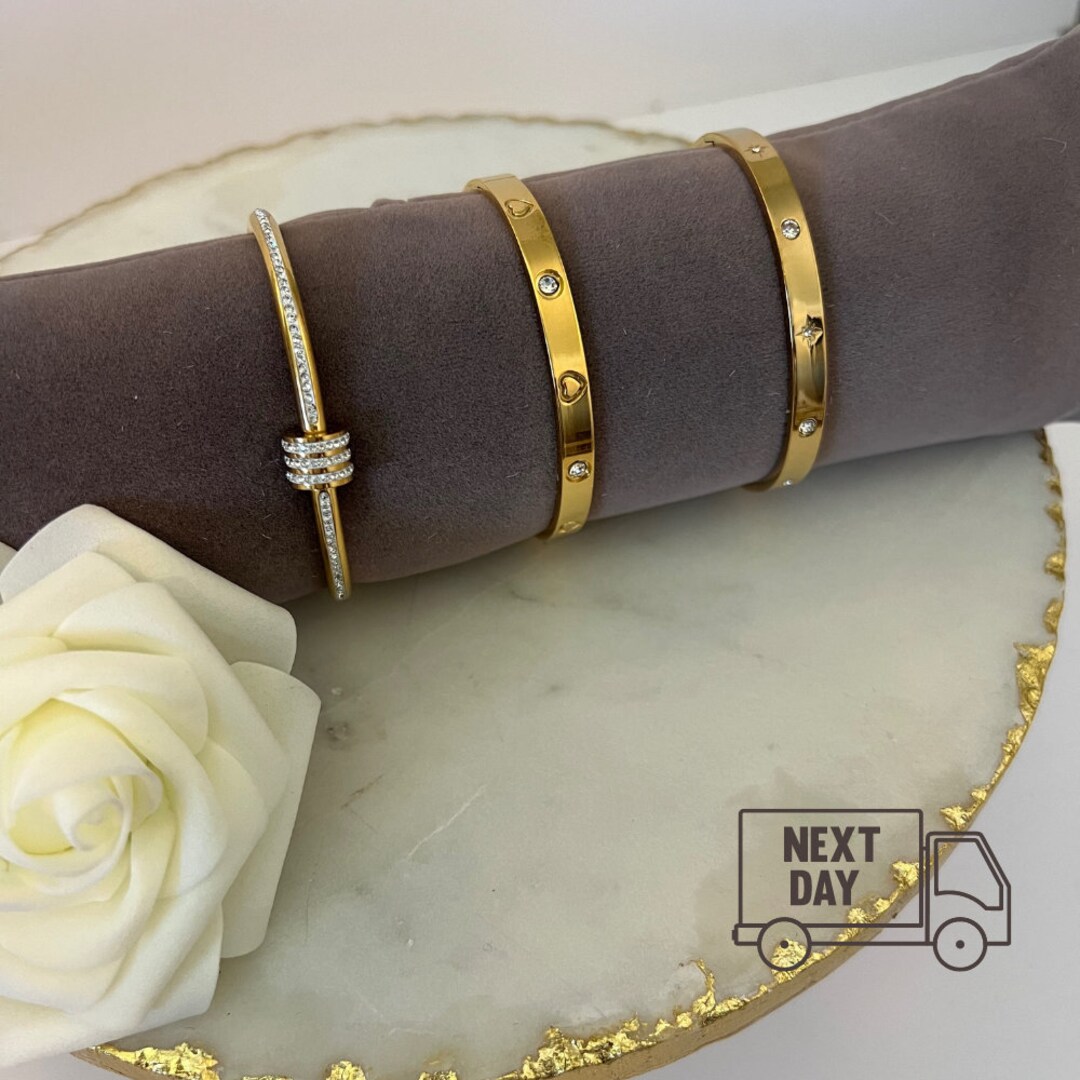 Stackable Stainless Steel Oval Cuffed Hinge Latch Bangle Bracelet, 18K ...