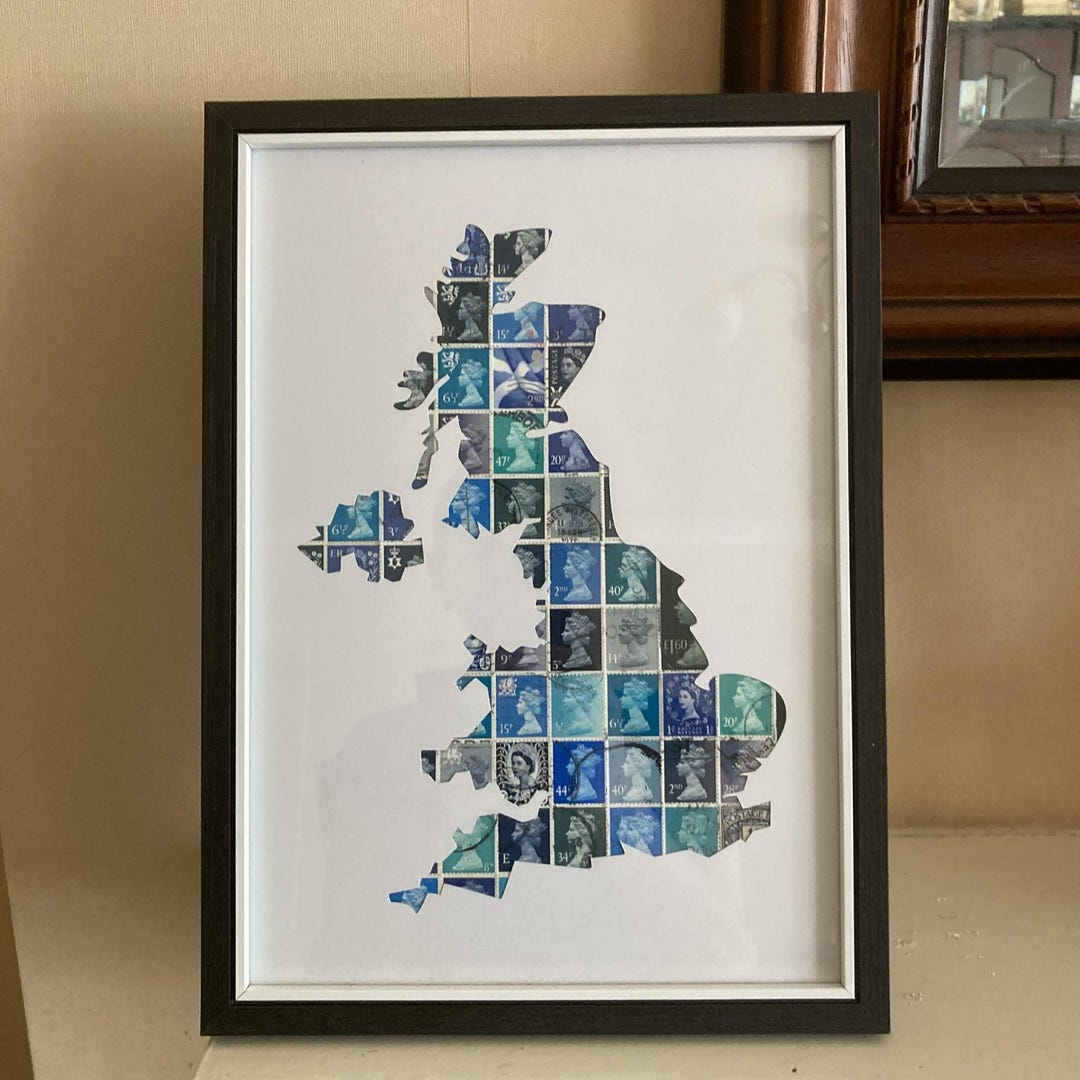 Vintage UK Postage Stamp Map Art: Handmade Framed Travel Decor - Etsy