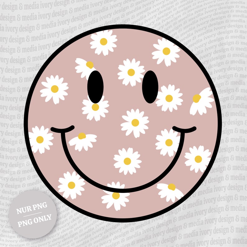 Digital PNG File Pink Daisy Smiley Face Retro Happy Face Printable ...