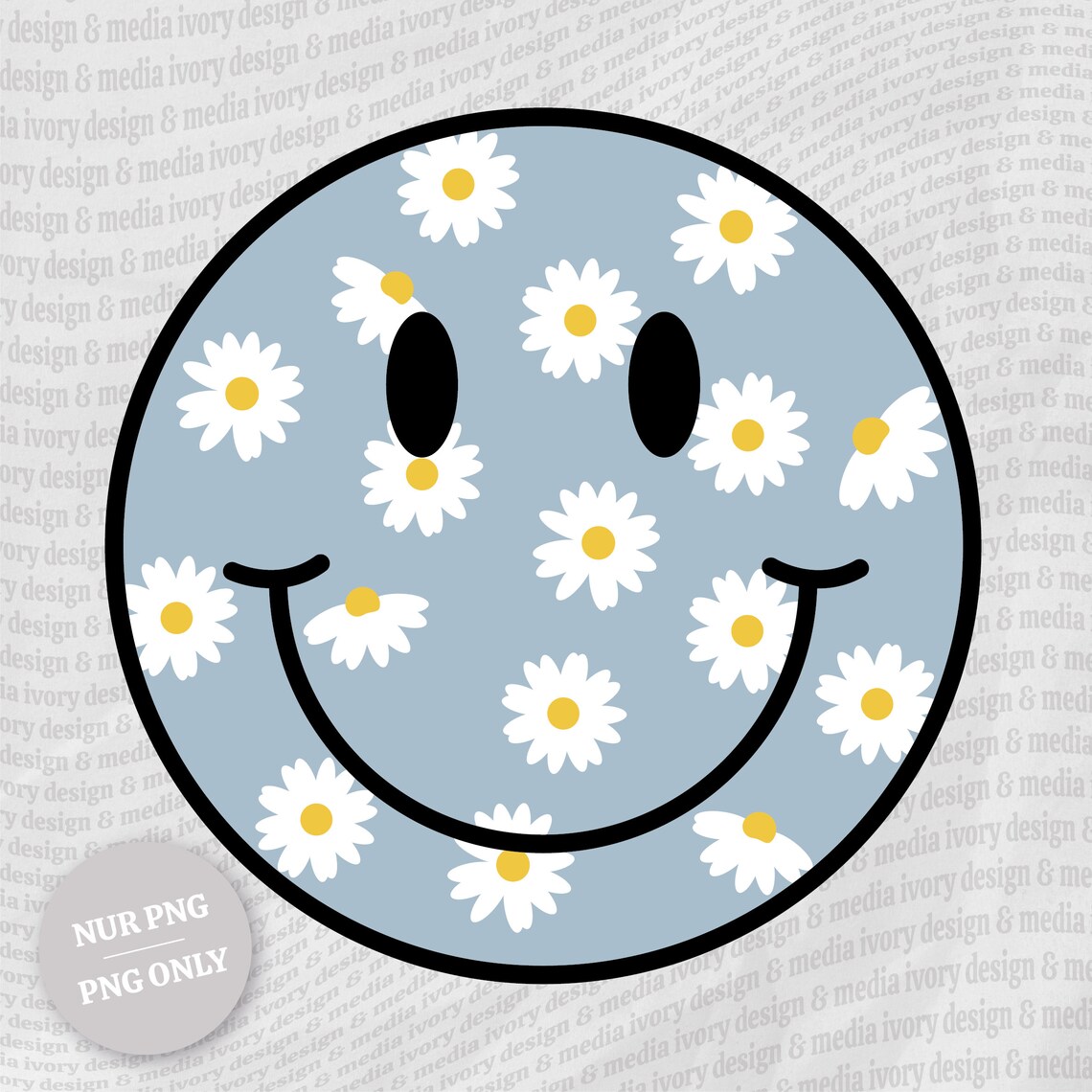 Digital PNG File Blue Daisy Smiley Face Retro Happy Face Printable ...