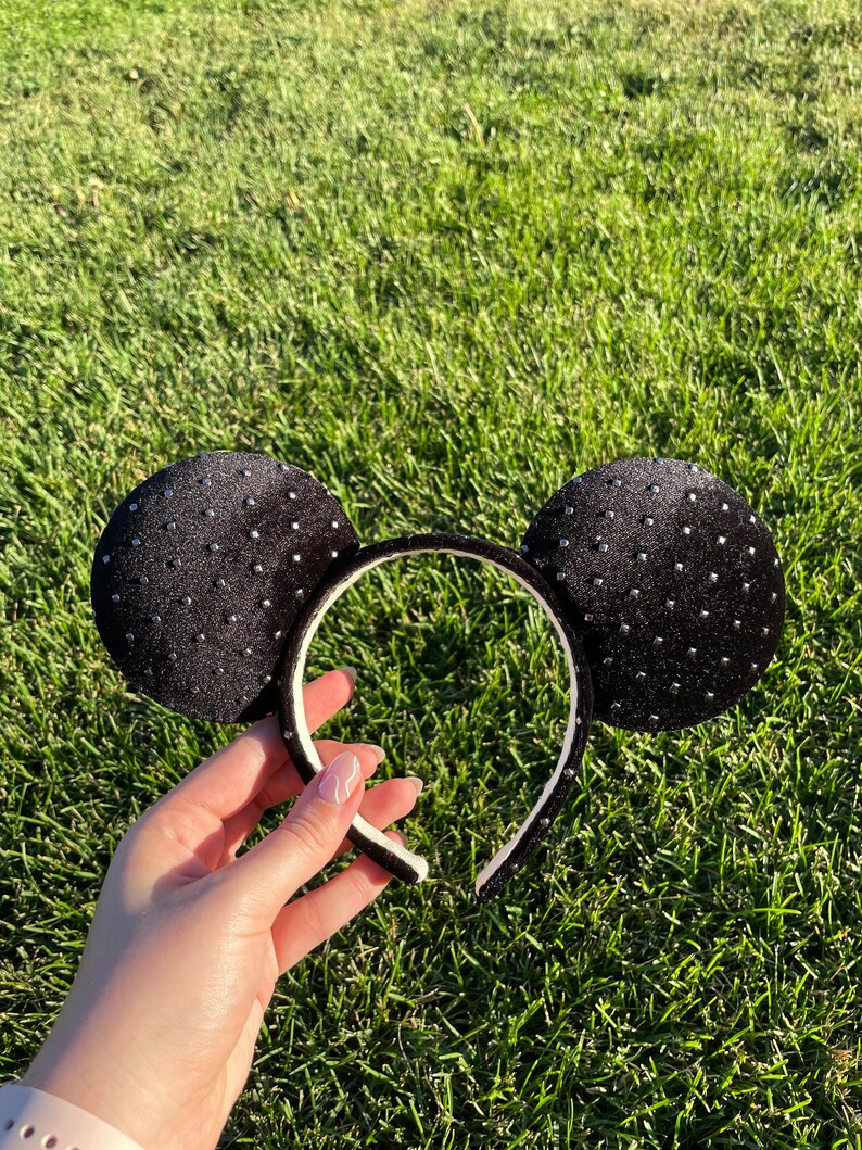 Black Stud Velvet Bowless Mouse Ears - W/ Comfortable Headband Option ...