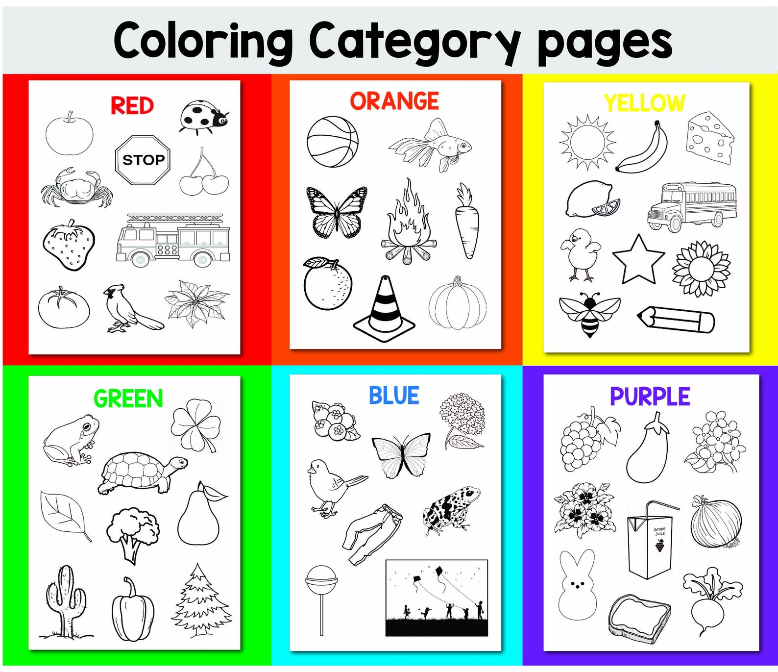 Color by Category Coloring Pages, Red Object Coloring Page, Orange ...