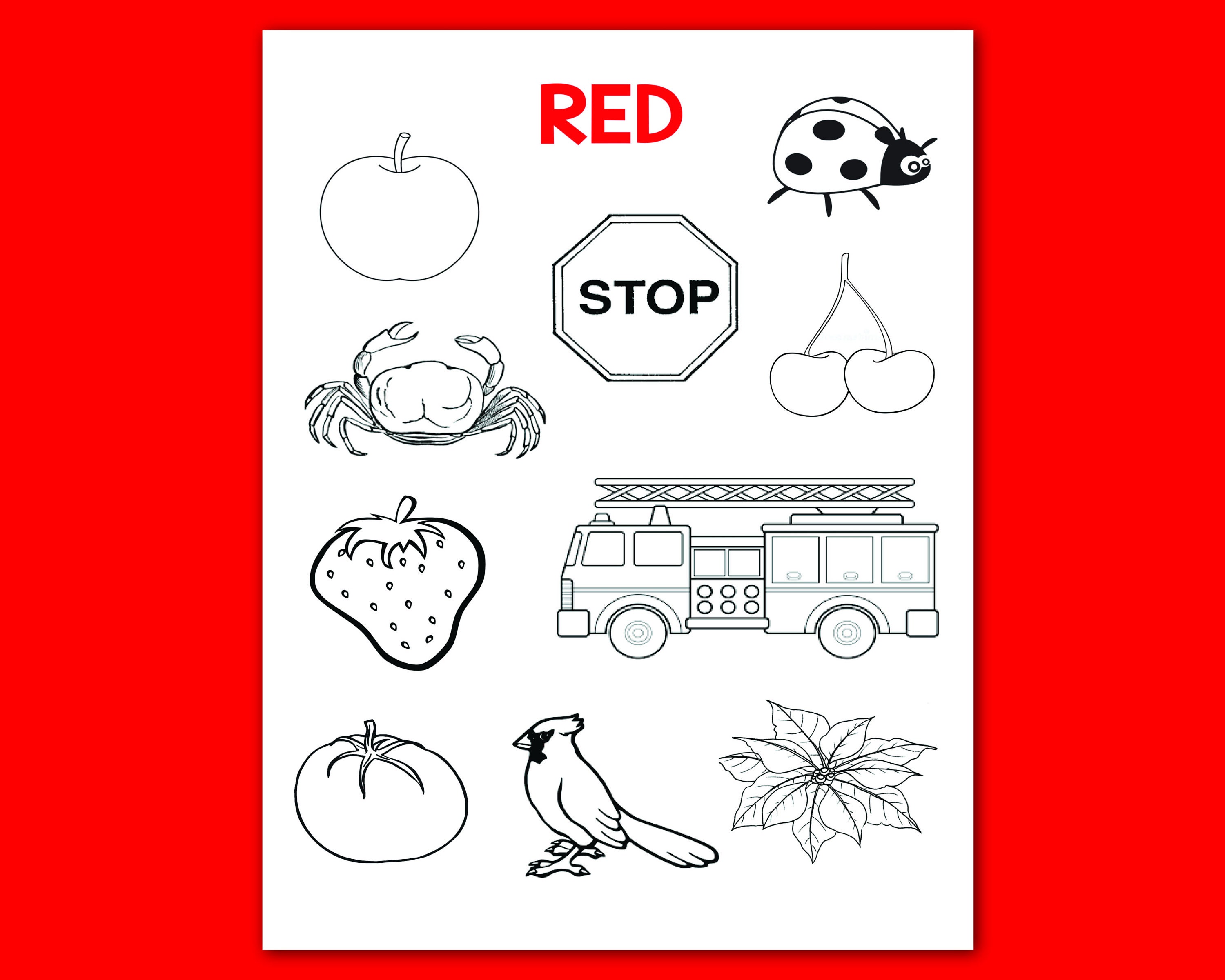 Color by Category Coloring Pages, Red Object Coloring Page, Orange ...