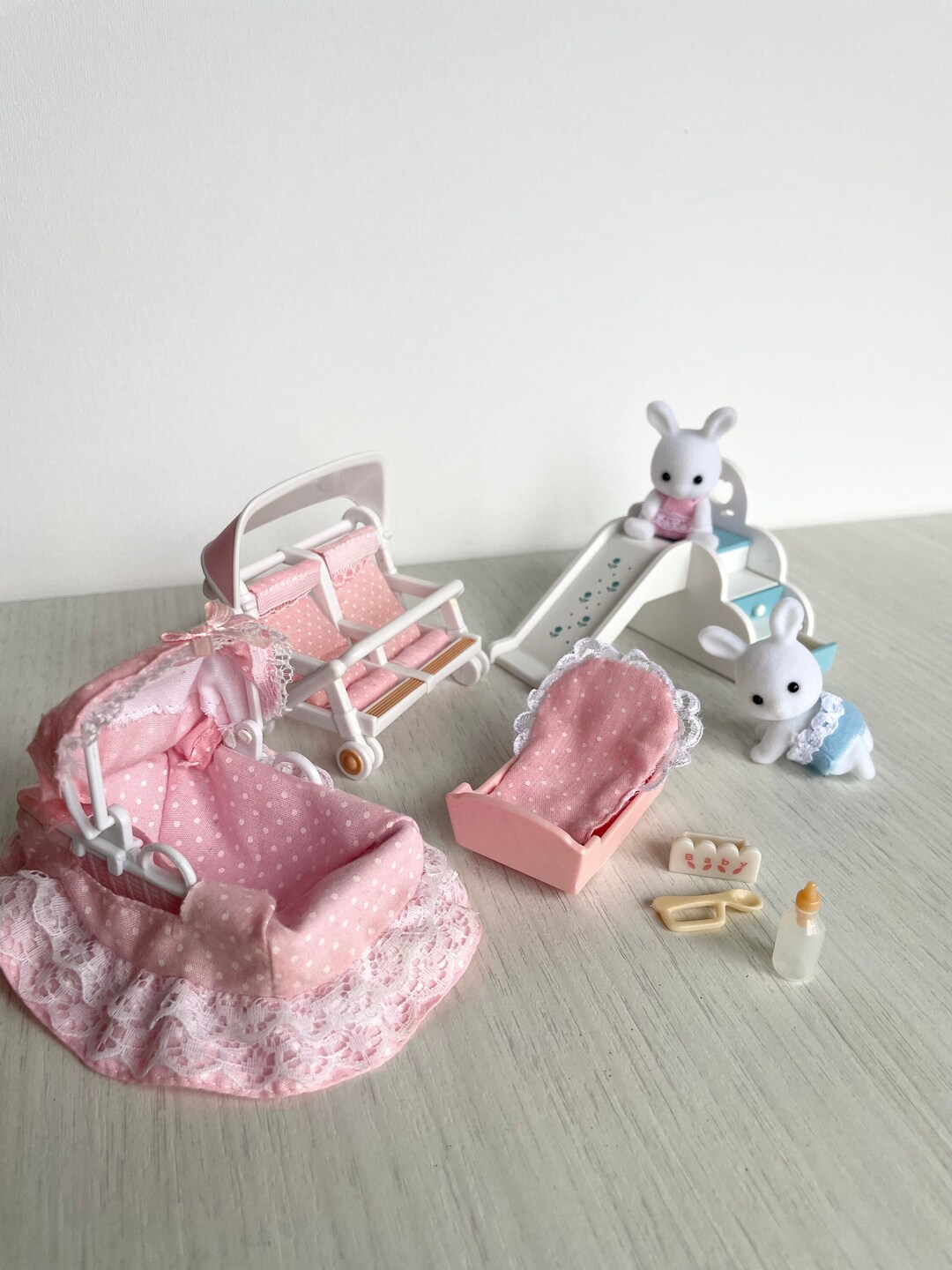 Vintage Calico Critters Custom Baby Bundle With Pink Polka Dot Bassinet ...