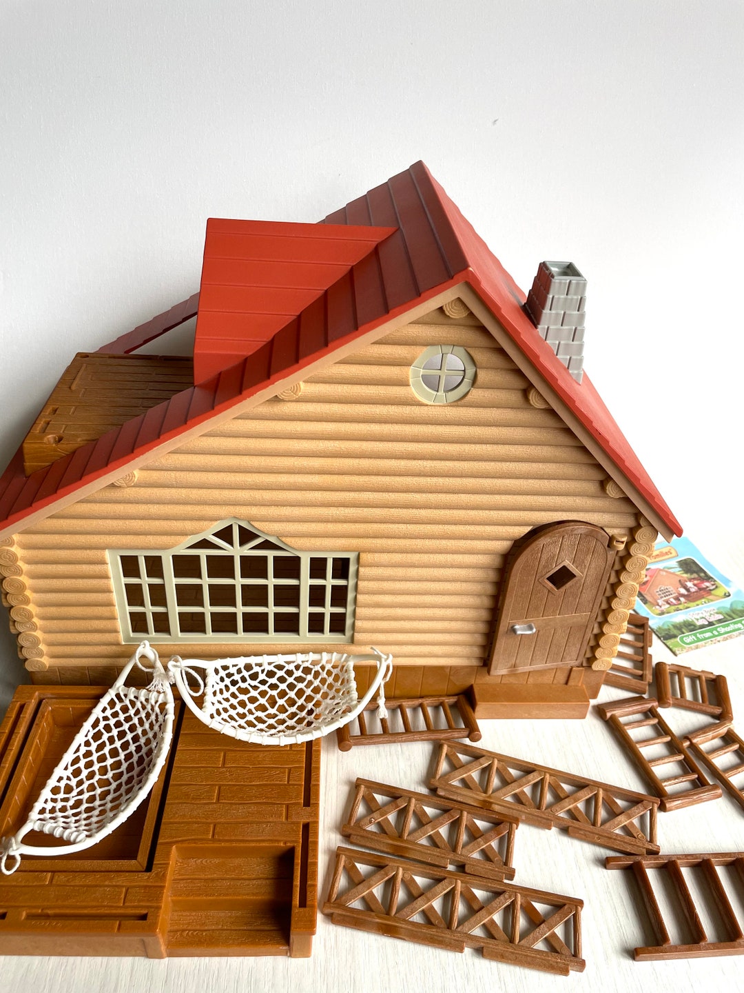 Calico Critters Log Cabin With Red Roof and Hammocks, Complete and in ...