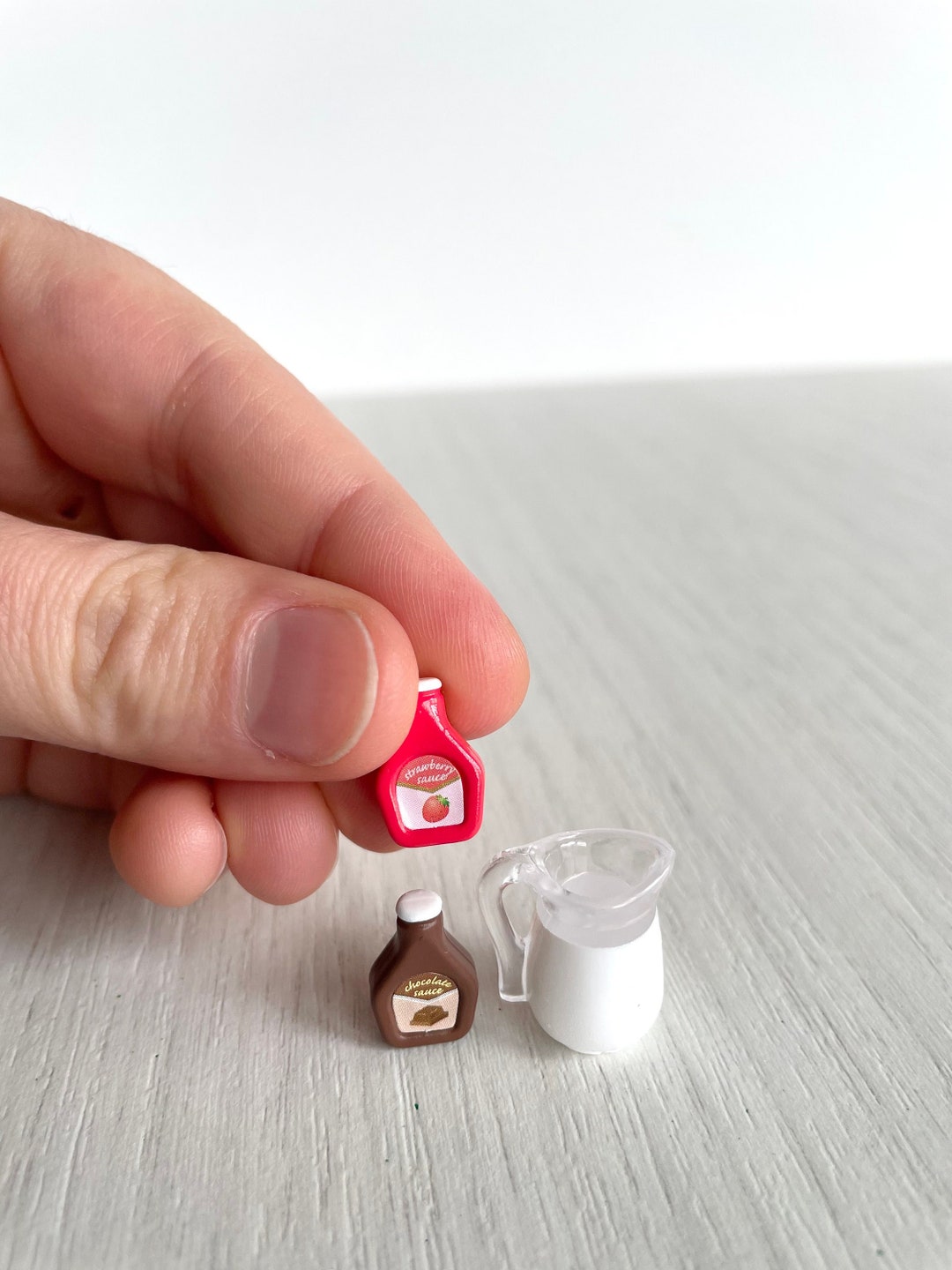 Tiny Milk Jug and Chocolate and Strawberry Sauce, Miniature Food Items ...