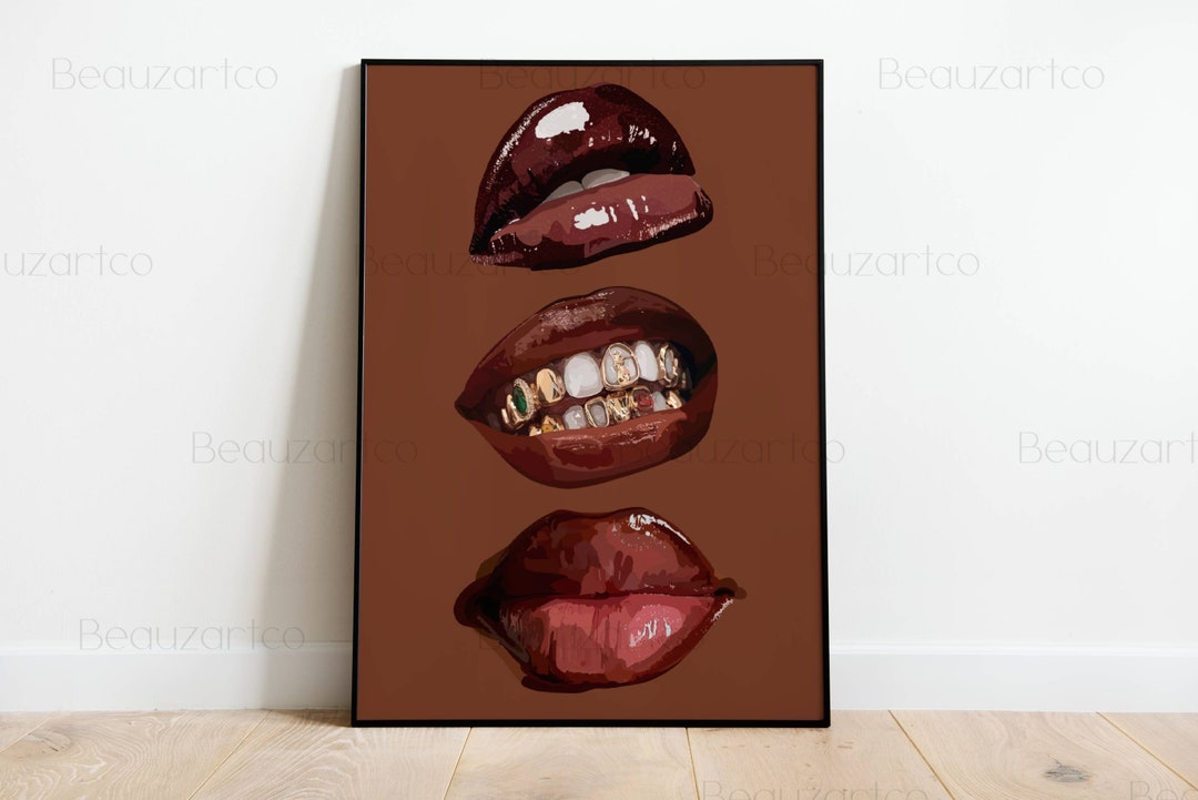 Women With Glossy Lips and Grillz, Lipstick Wall Art, Gold Teeth Art ...