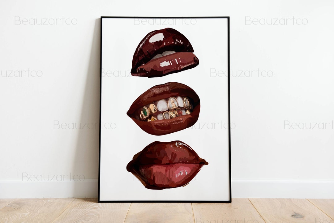 Women With Glossy Lips and Grillz, Lipstick Wall Art, Gold Teeth Art ...