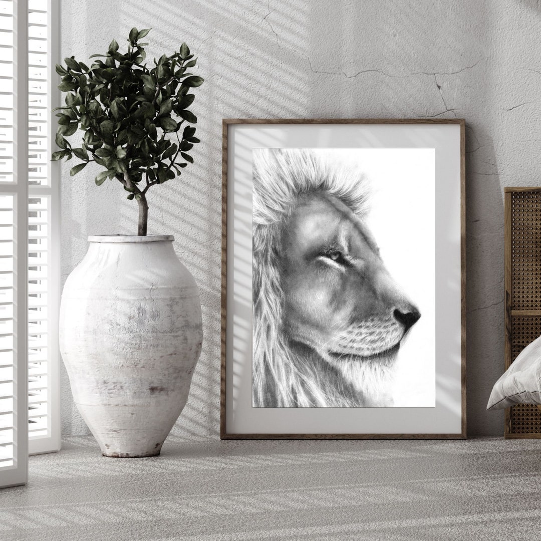 Beautiful Lion Drawing, Print, Wild Animal Poster, Printable Wall Art ...
