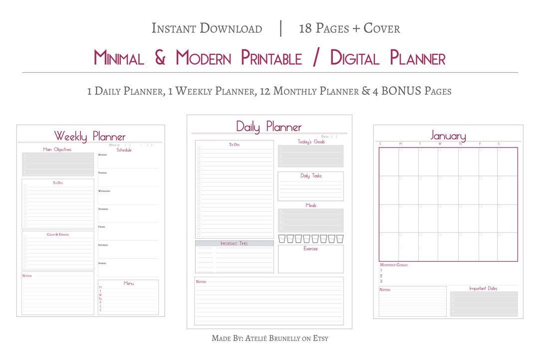 Minimal & Modern Printable Digital Planner Wine and Grey - Etsy