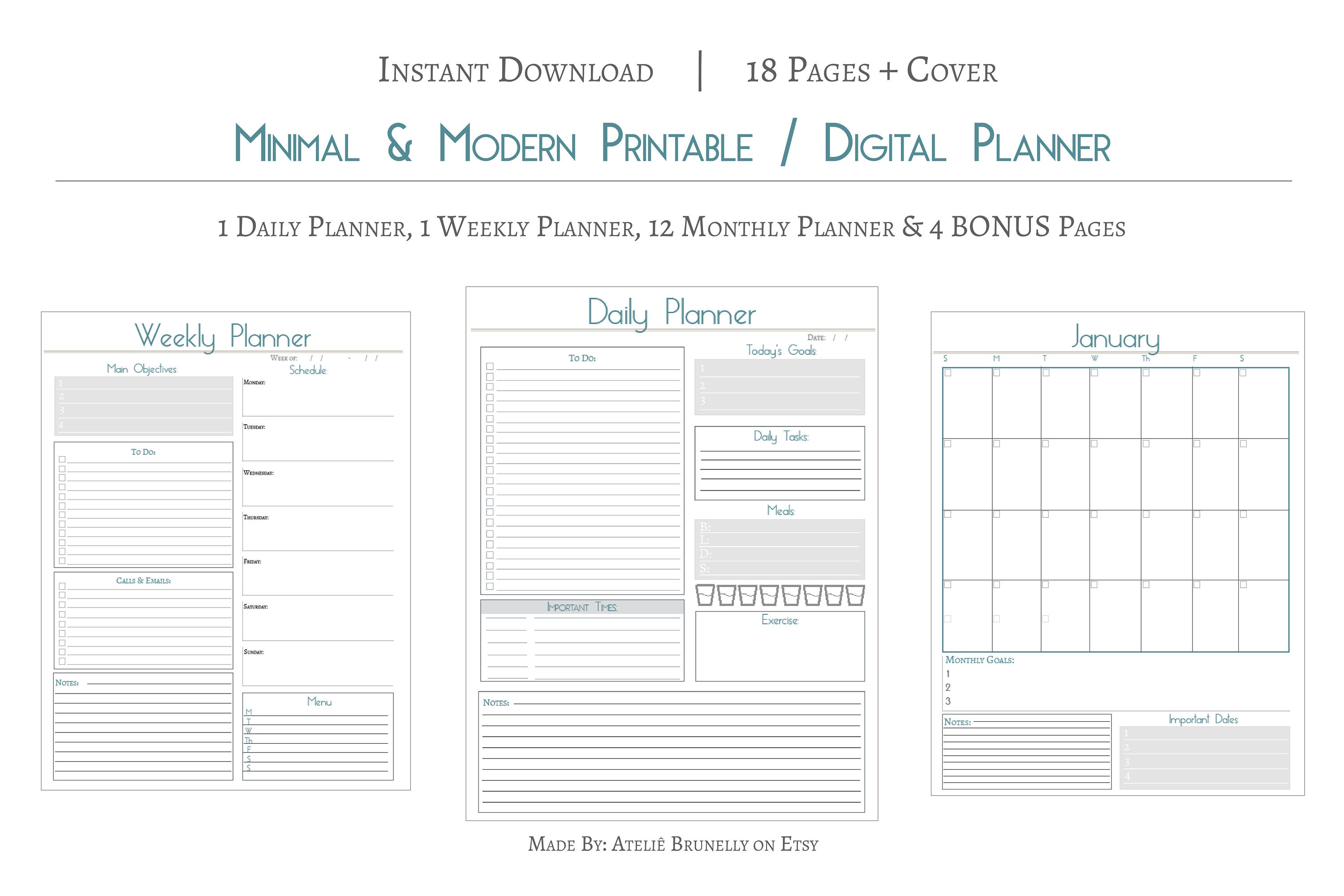 Minimal & Modern Printable Digital Planner Teal and Grey - Etsy