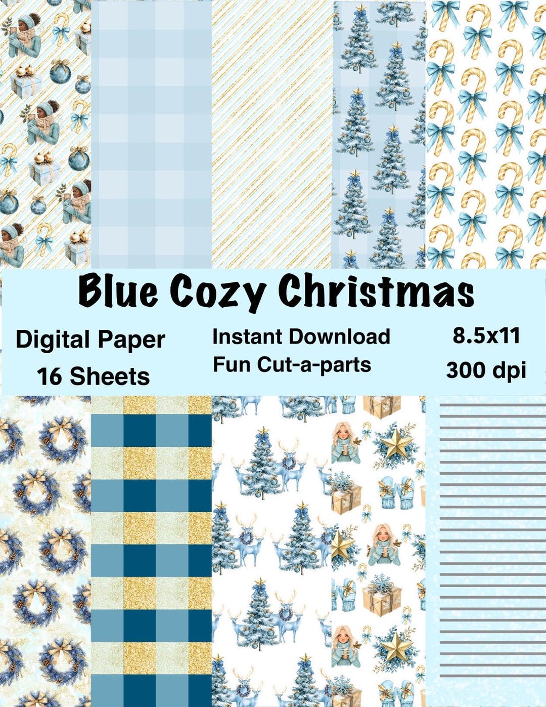 Blue Cozy Christmas Digital Paper, Instant Printable Christmas Paper ...