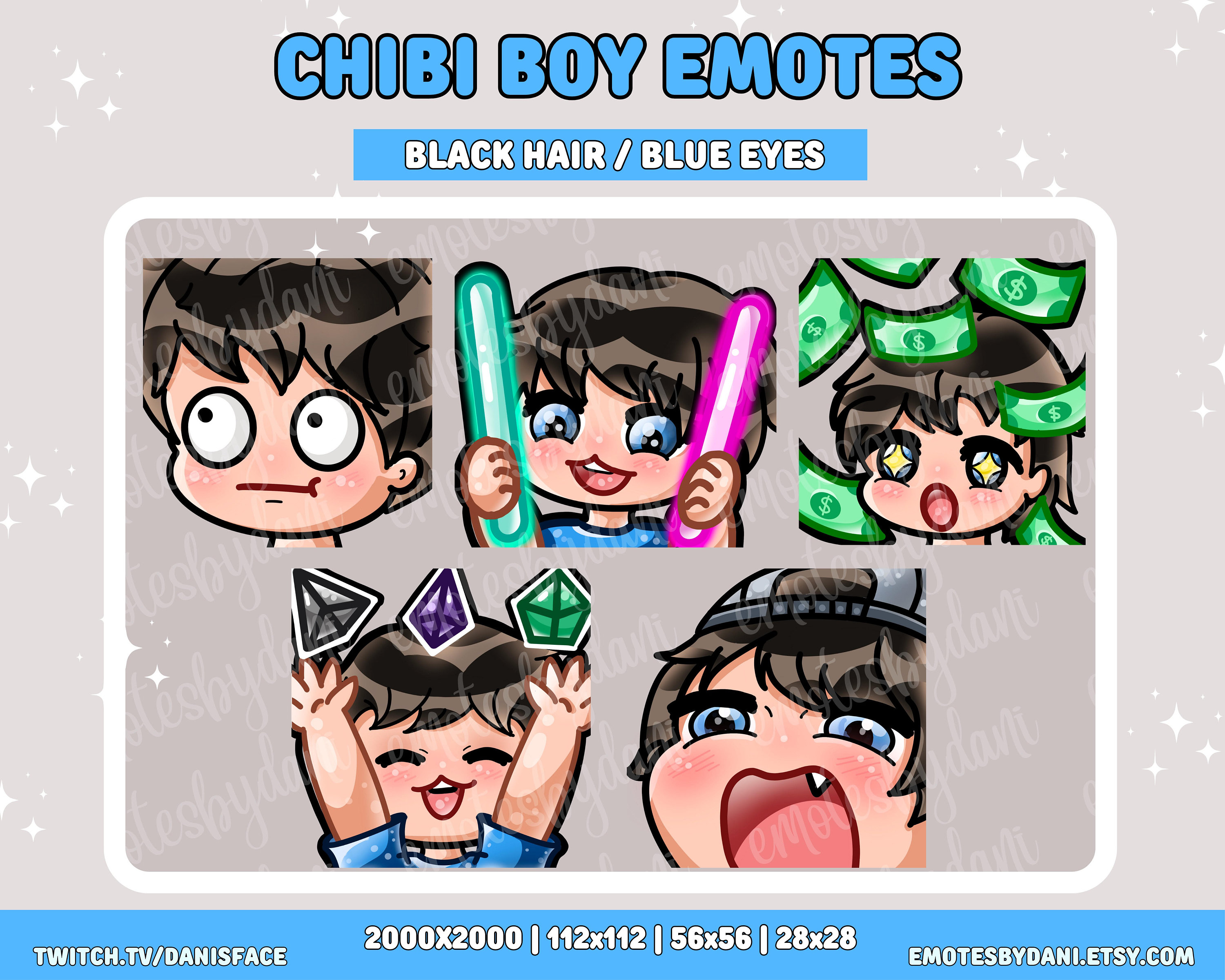 5 PACK Chibi Boy Emotes Twitch Emotes Black Hair & Blue Eyes Version 4 ...
